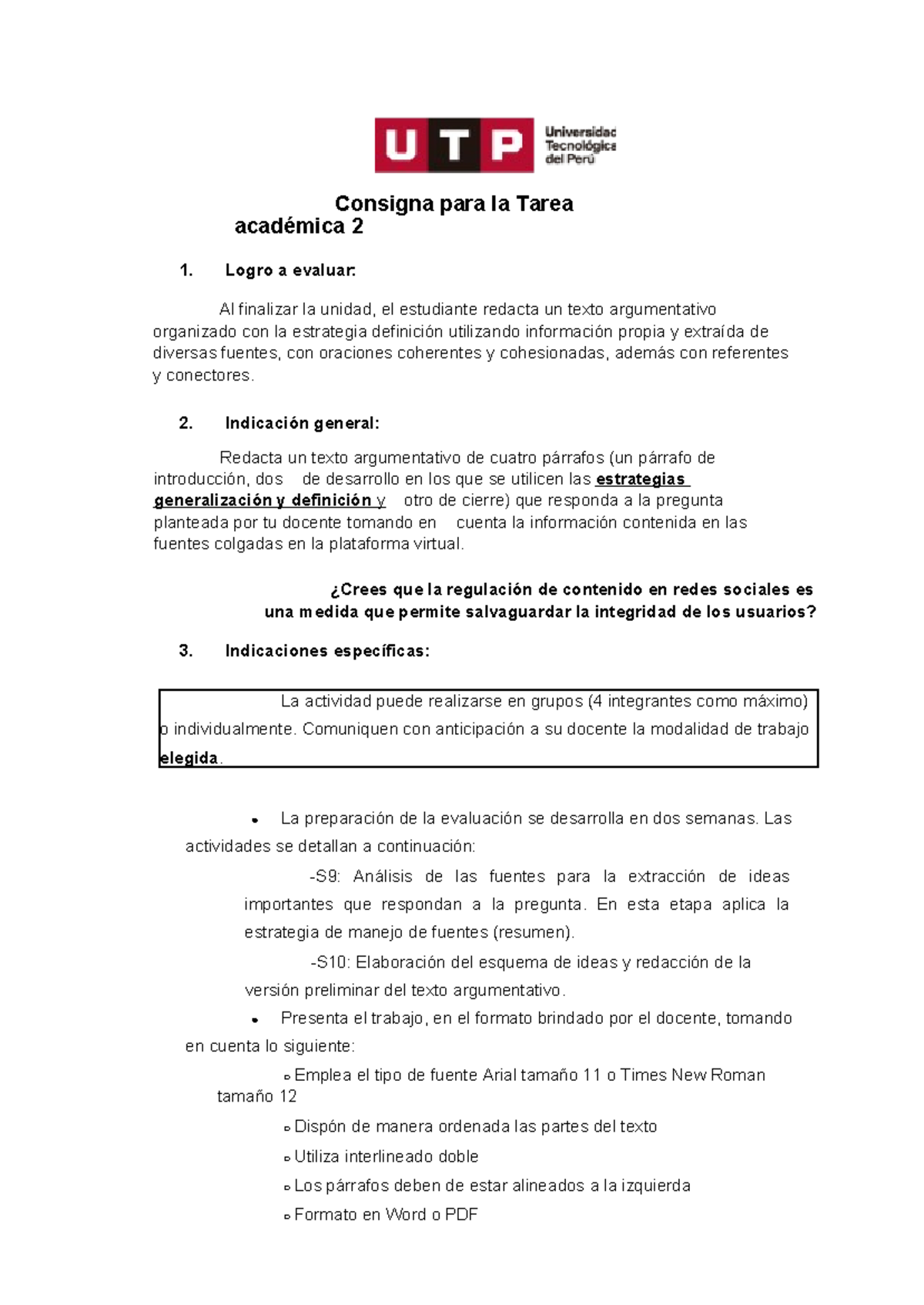 Semana 11 - Tema 01 Tarea - Tarea académica 2 (TA2) - Consigna para la Tarea académica 2 1 ...