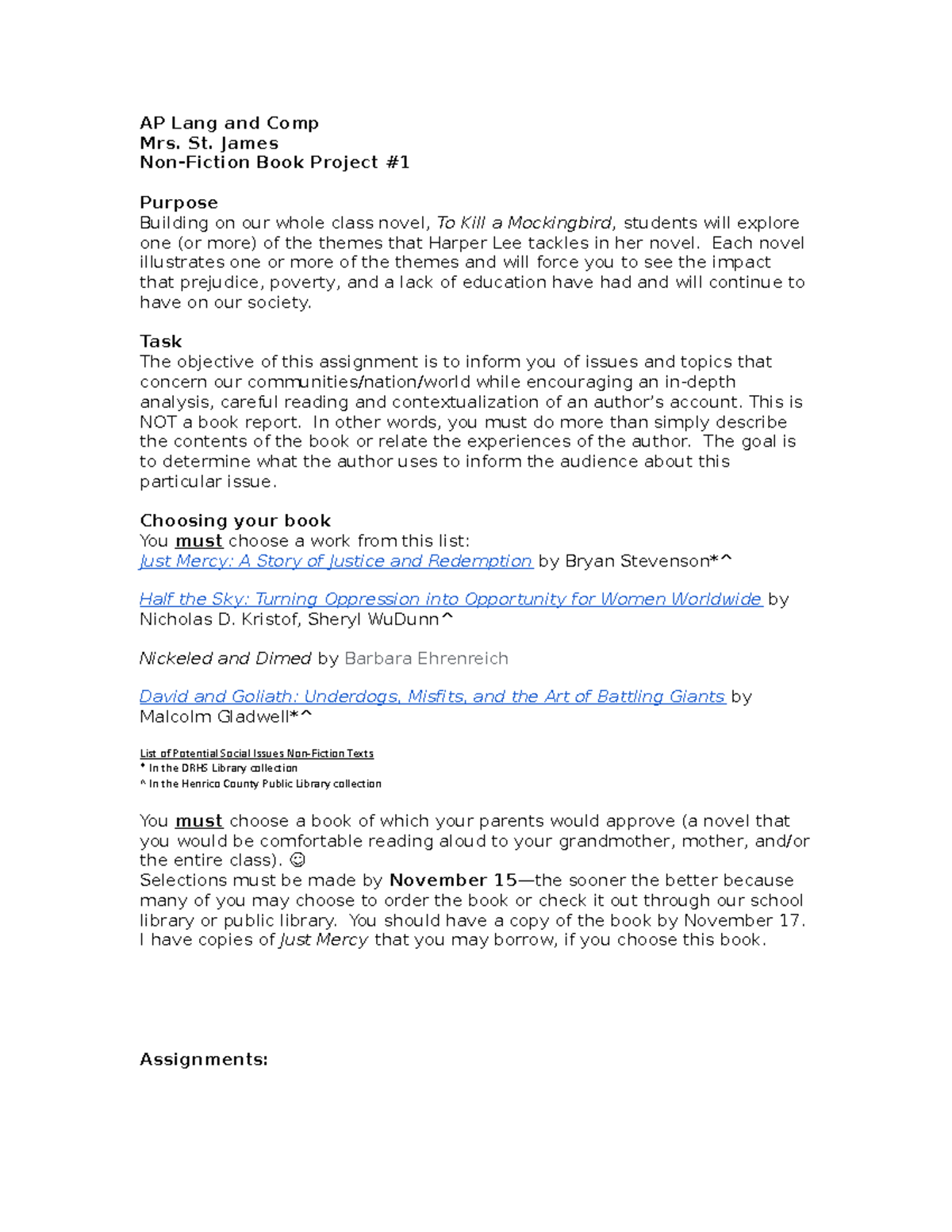 AP+11+Non-Fiction+Social+Issue+Novel+Study+ - AP Lang and Comp Mrs. St ...