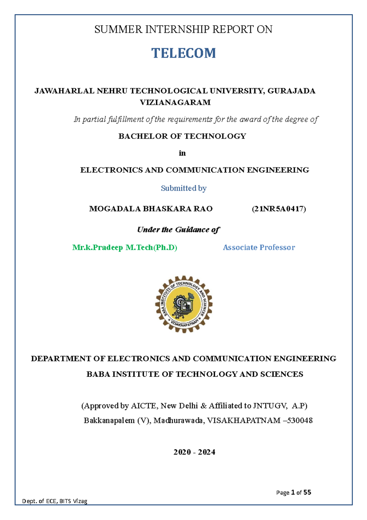 Bhaskar 417 - dfe - SUMMER INTERNSHIP REPORT ON TELECOM JAWAHARLAL NEHRU TECHNOLOGICAL ...