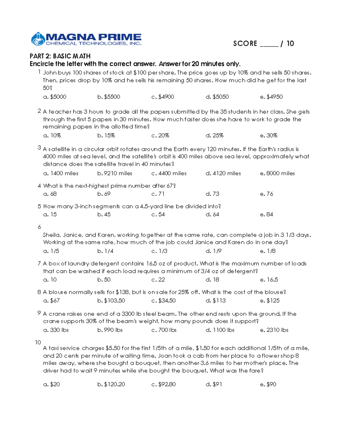 Personality TEST - exam - SCORE _____ / 10 PART 2: BASIC MATH Encircle ...