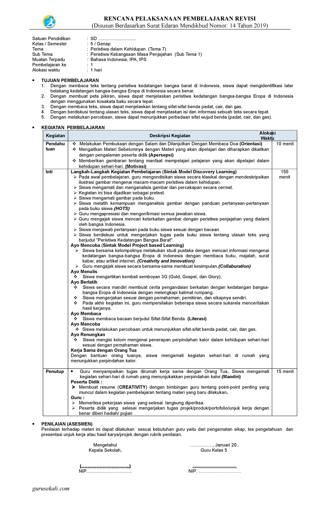 RPP 1 Lembar Kelas 5 Tema 7 - (Disusun Berdasarkan Surat Edaran Mendikbud Nomor: 14 Tahun 2019 ...