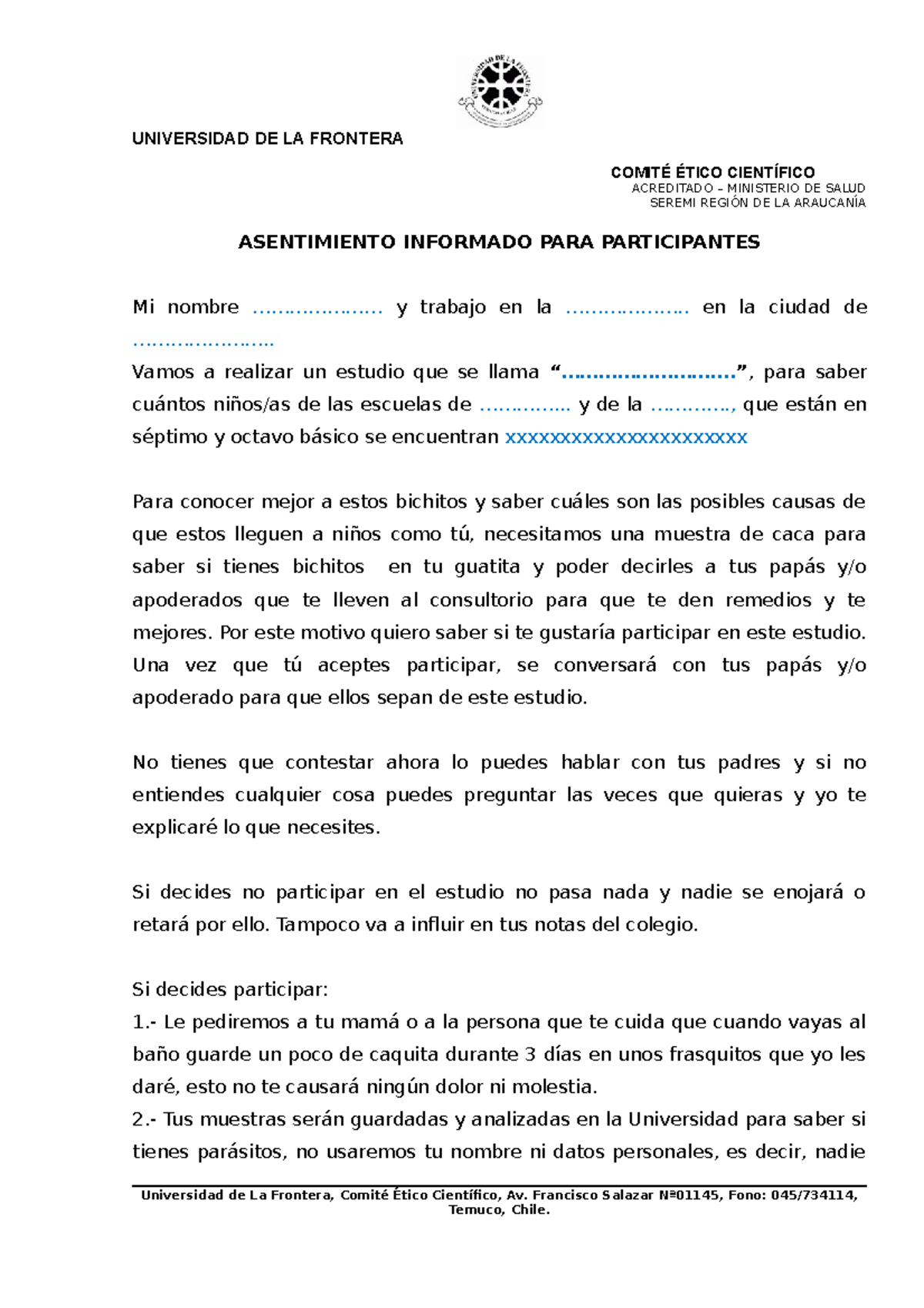 Anexo 2 Asentimiento Informado - UNIVERSIDAD DE LA FRONTERA COMITÉ ...