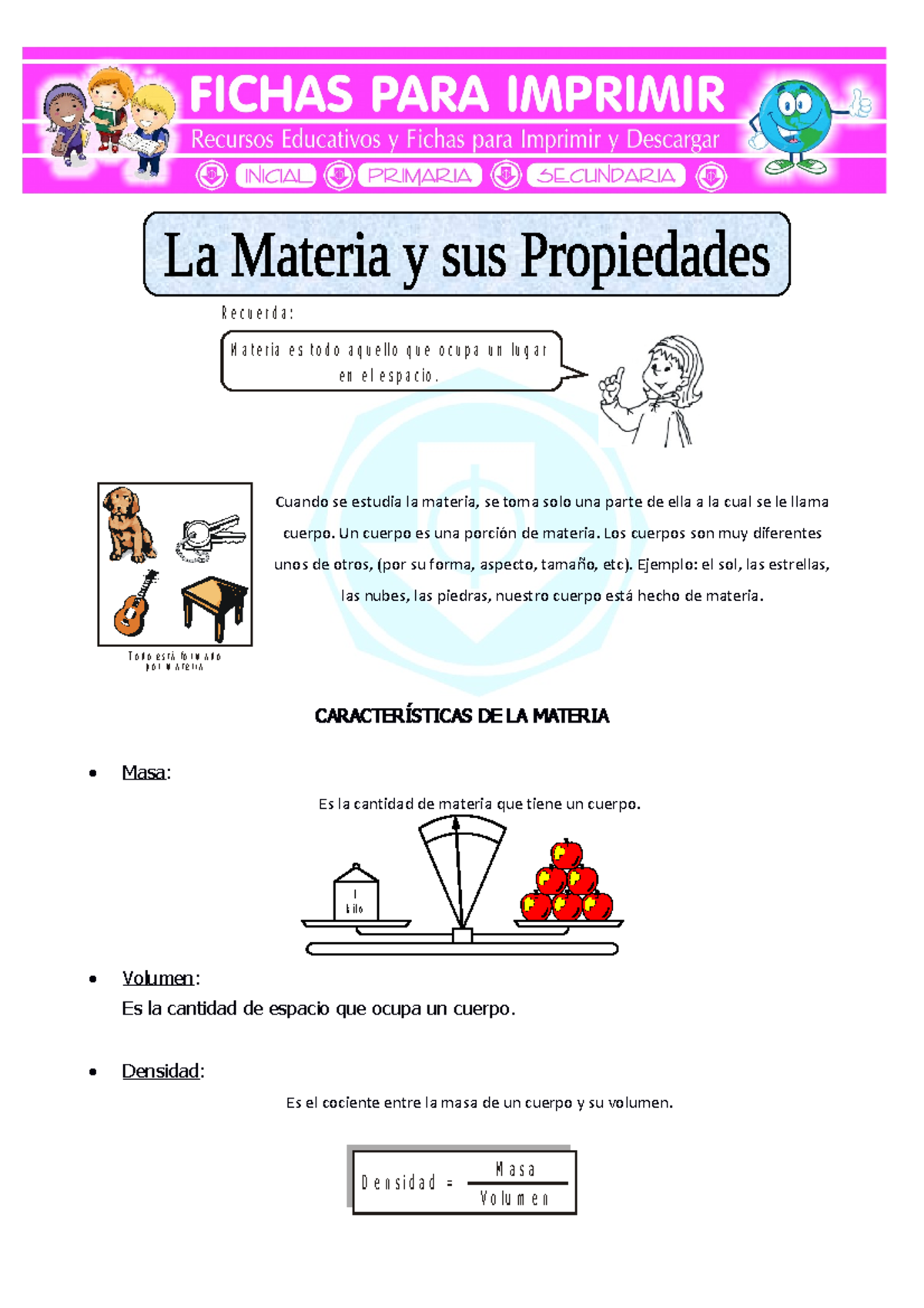 Ficha La Materia y sus Propiedades para Quinto de Primaria - R e c u e ...