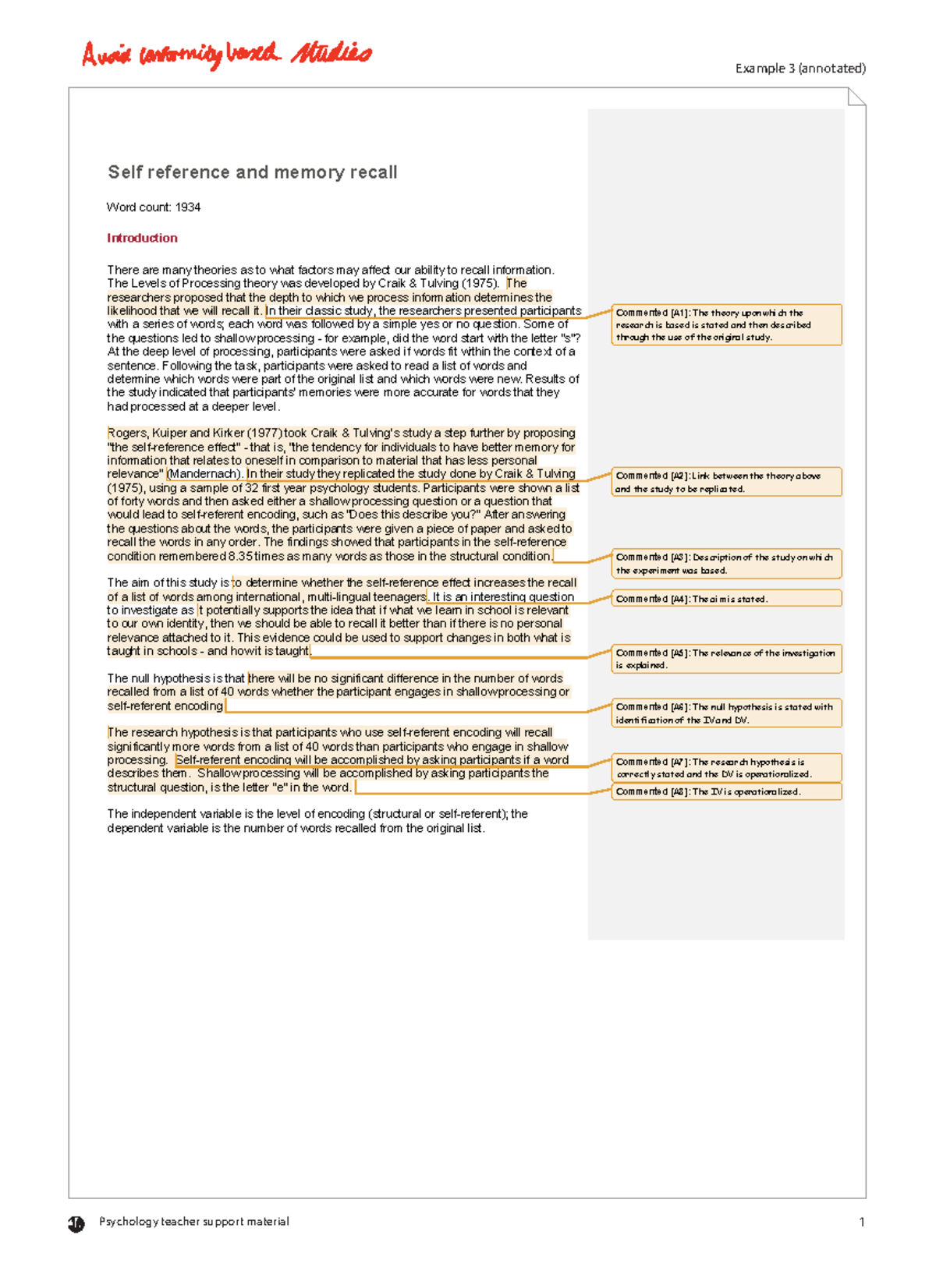 IA Sample 3 - Psychology teacher support material Example 3 (annotated ...