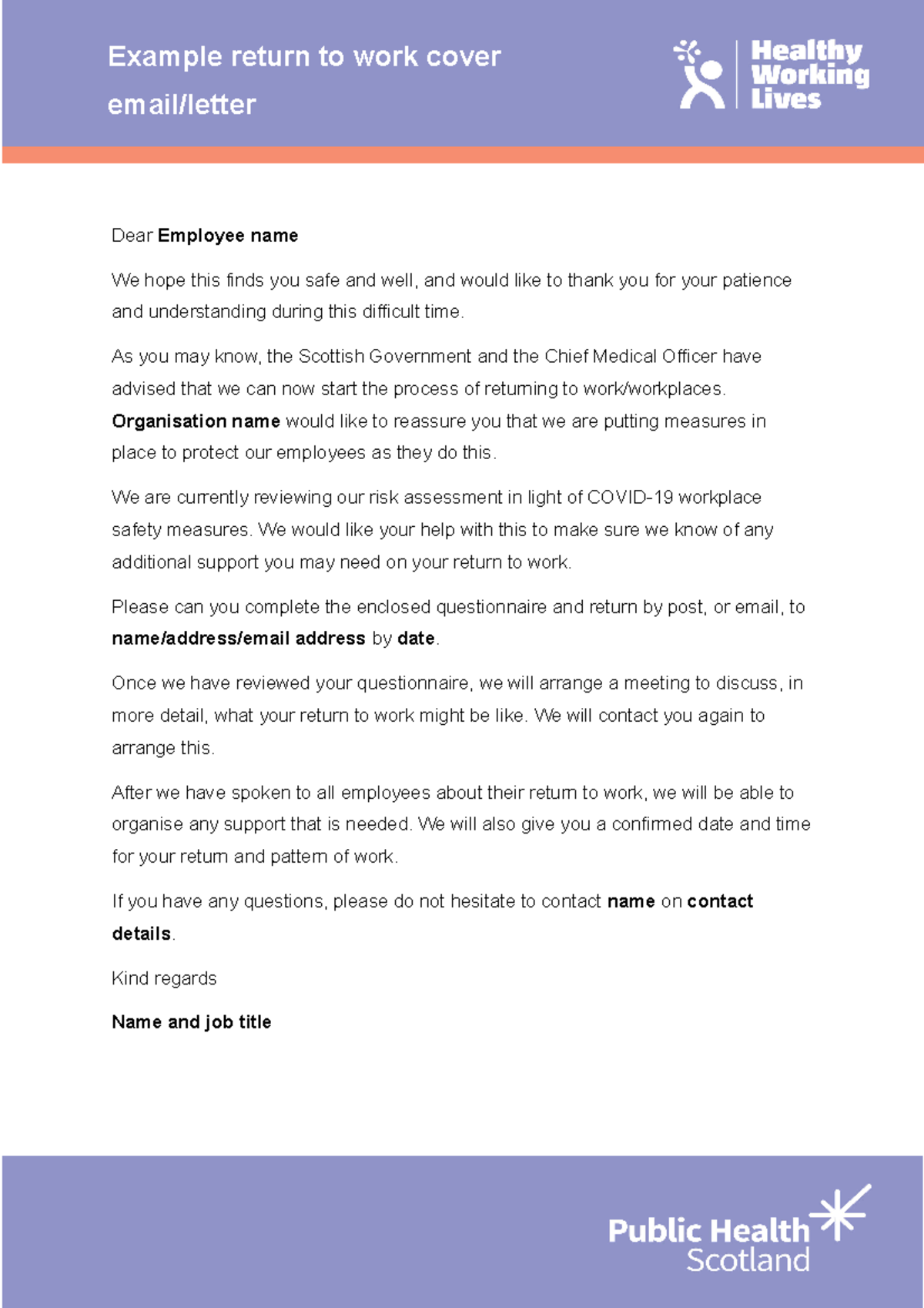 Example return to work cover email letter - Dear Employee name We hope ...