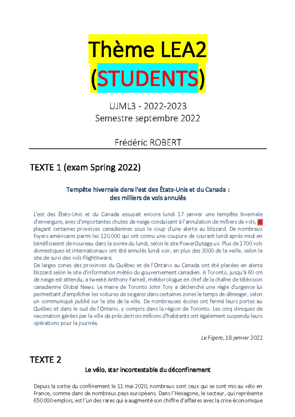 Booklet anglais expression TD - Thème LEA (STUDENTS) UJML3 - 2022 ...