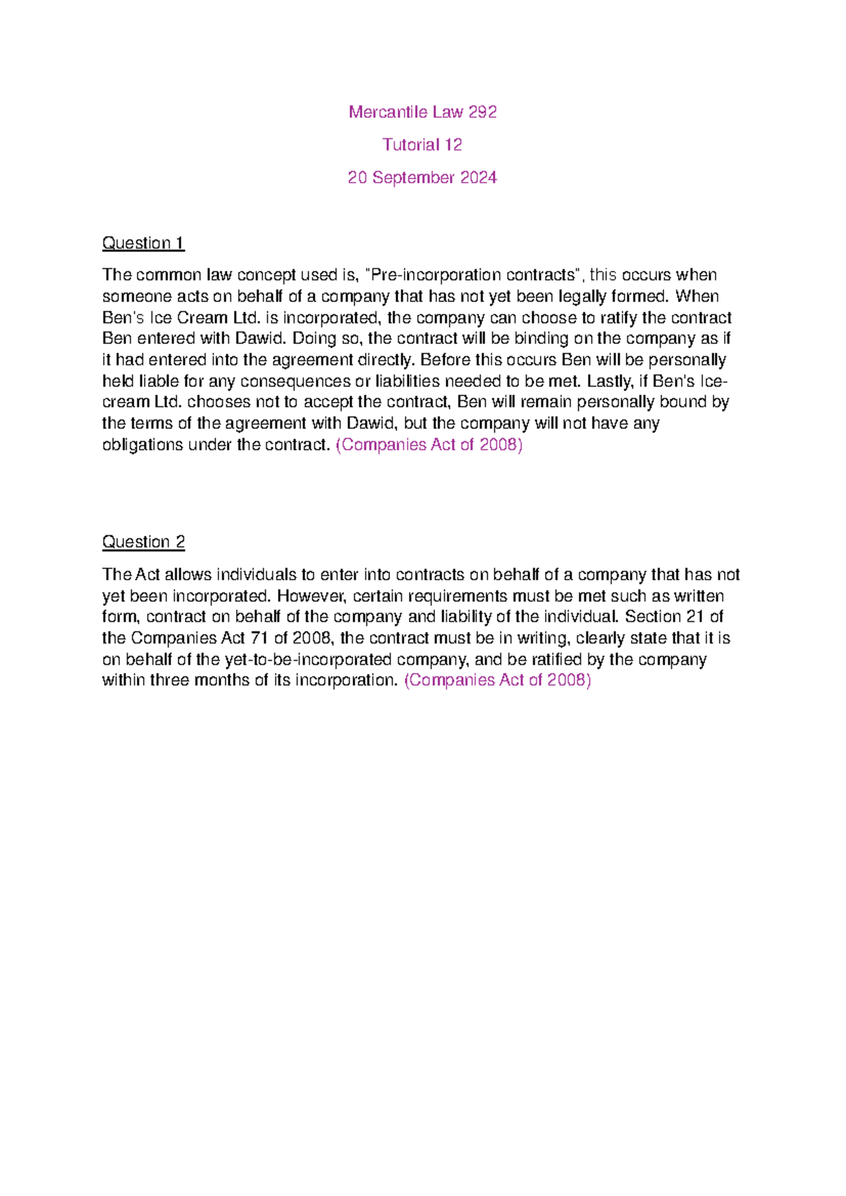 Merc tut 12 - Tut 12 - Mercantile Law 292 Tutorial 12 20 September 2024 ...