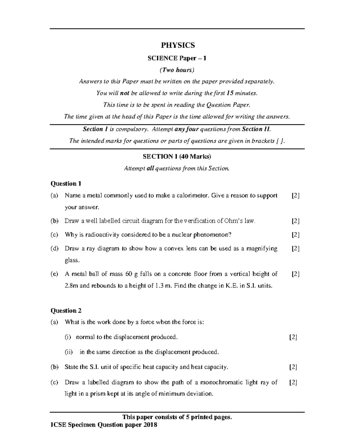 Physics-1 - Physics practice question paper icse - This paper consists ...