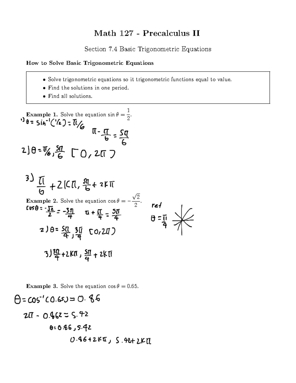 Week 7 notes - Math 127 - Precalculus II Section 7 Basic Trigonometric ...