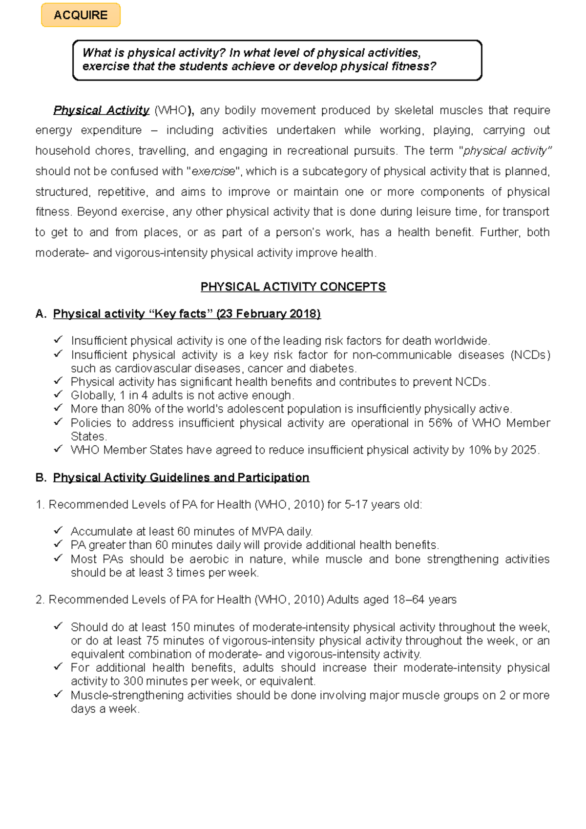 Lesson 2 Acquire - PHYSICAL ACTIVITY CONCEPTS - Physical Activity (WHO ...