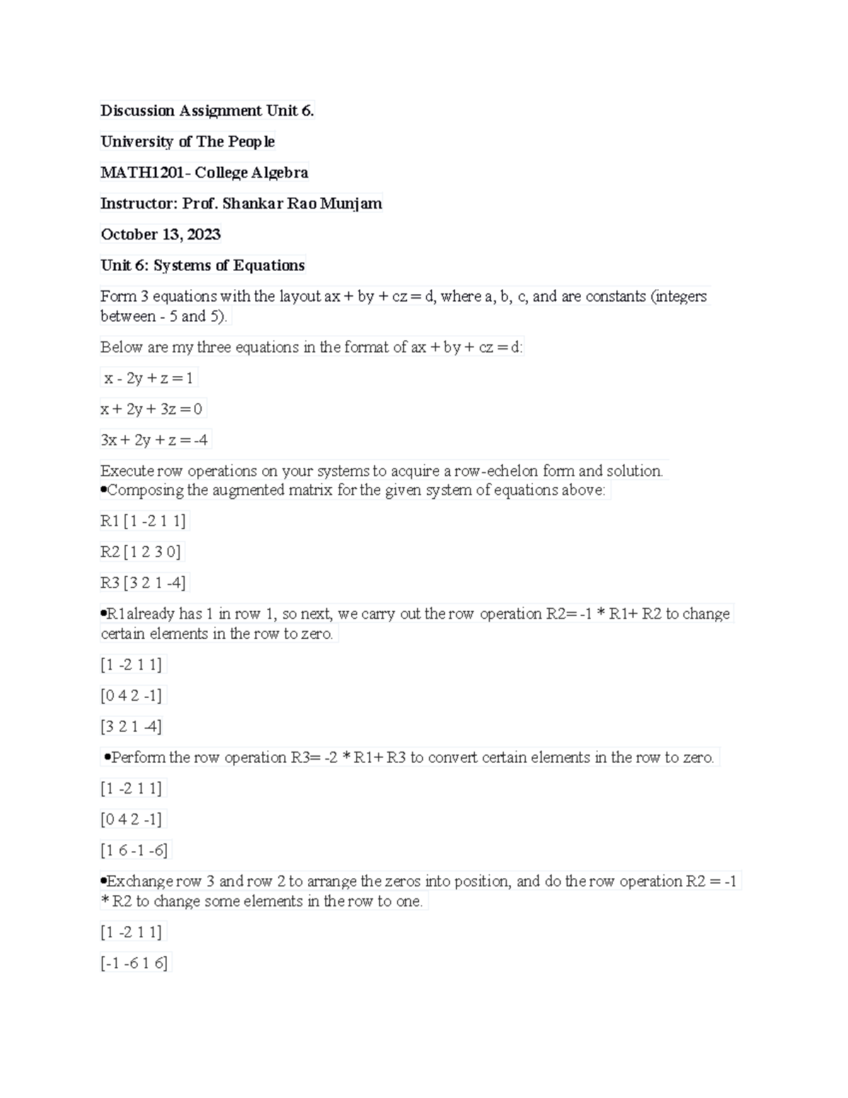 Discussion Assignment Unit 6 - University of The People MATH1201 ...