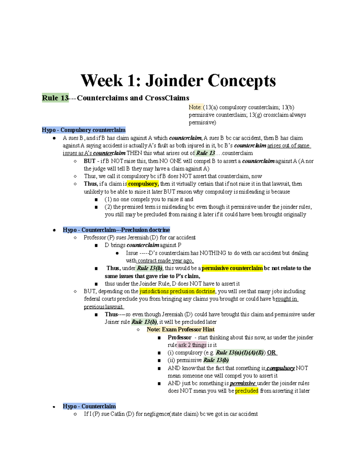 Civil Procedure Final Hypos and Class Problems - Week 1: Joinder ...