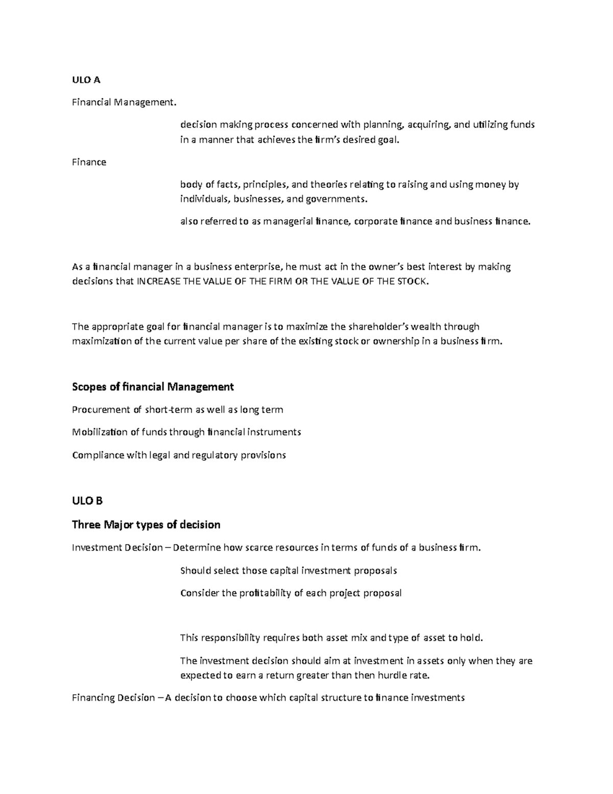 Week 1-3 - Notes - ULO A Financial Management. decision making process ...