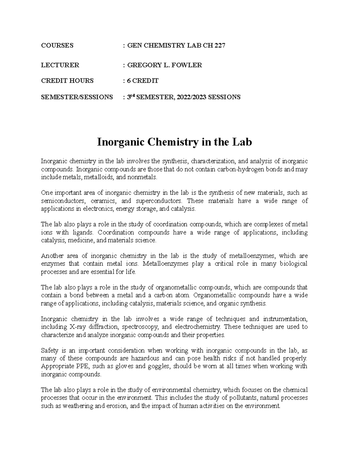 Inorganic Chemistry in the Lab - COURSES : GEN CHEMISTRY LAB CH 227 ...