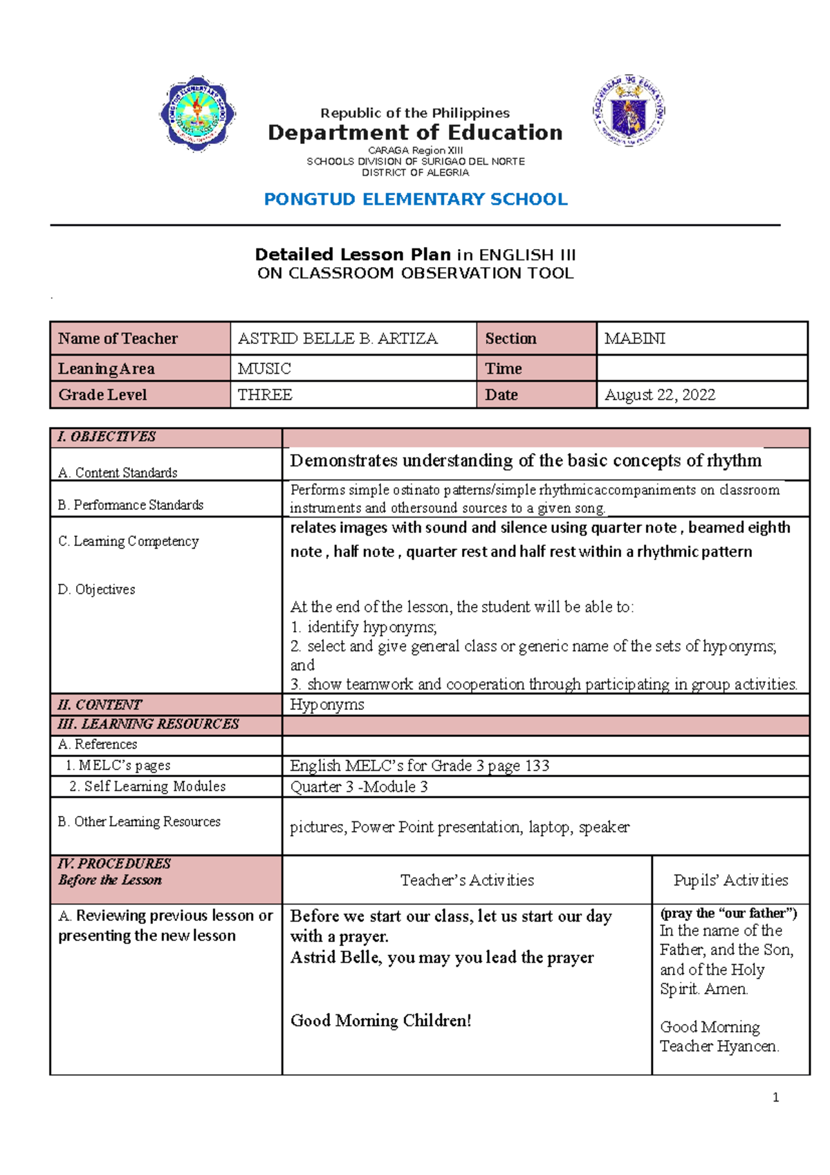 Eglish 3 DLP Q1 D1 - LESSON PLAN - Republic of the Philippines ...