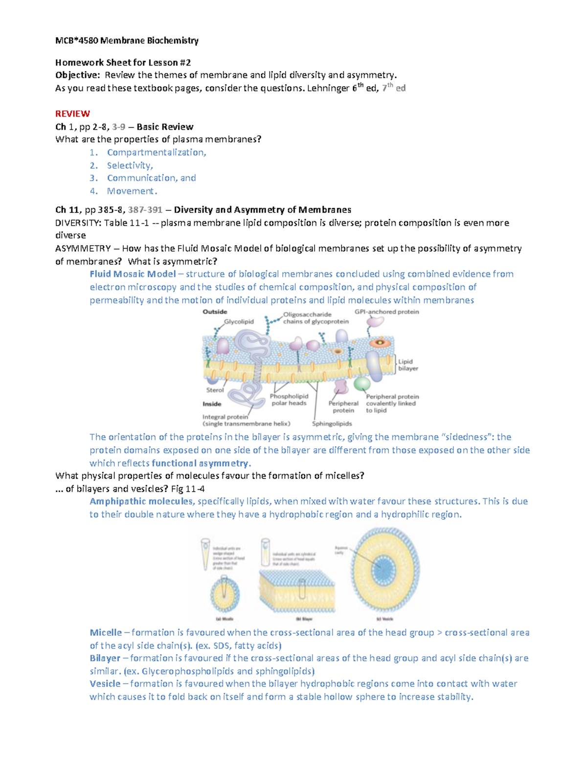 Lesson #2 Homework Sheet - MCB*4580 Membrane Biochemistry Homework ...
