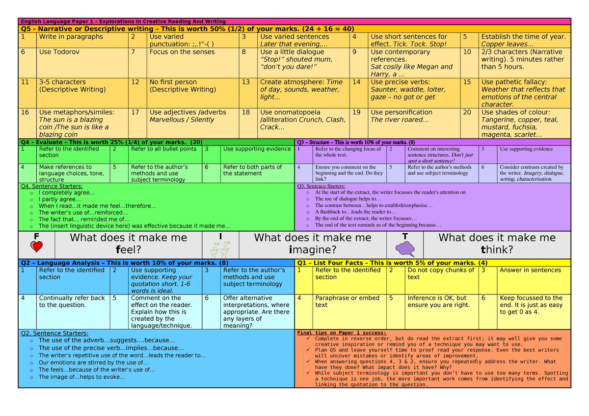 English Language Paper 1 Knowledge Organiser - English Language Paper 1 ...