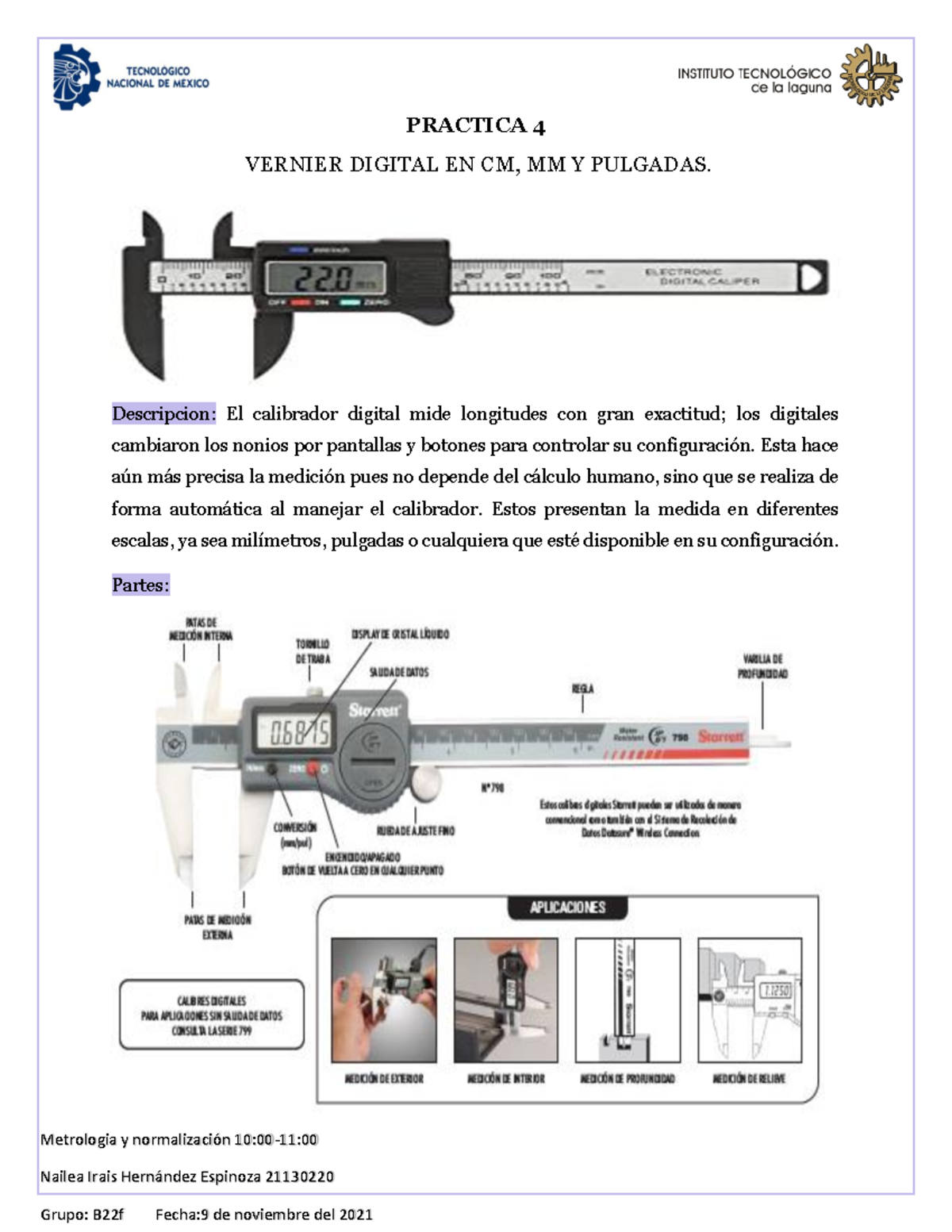 Practica 4 Vernier digital - Metrología Y Normalización - ITL - Studocu