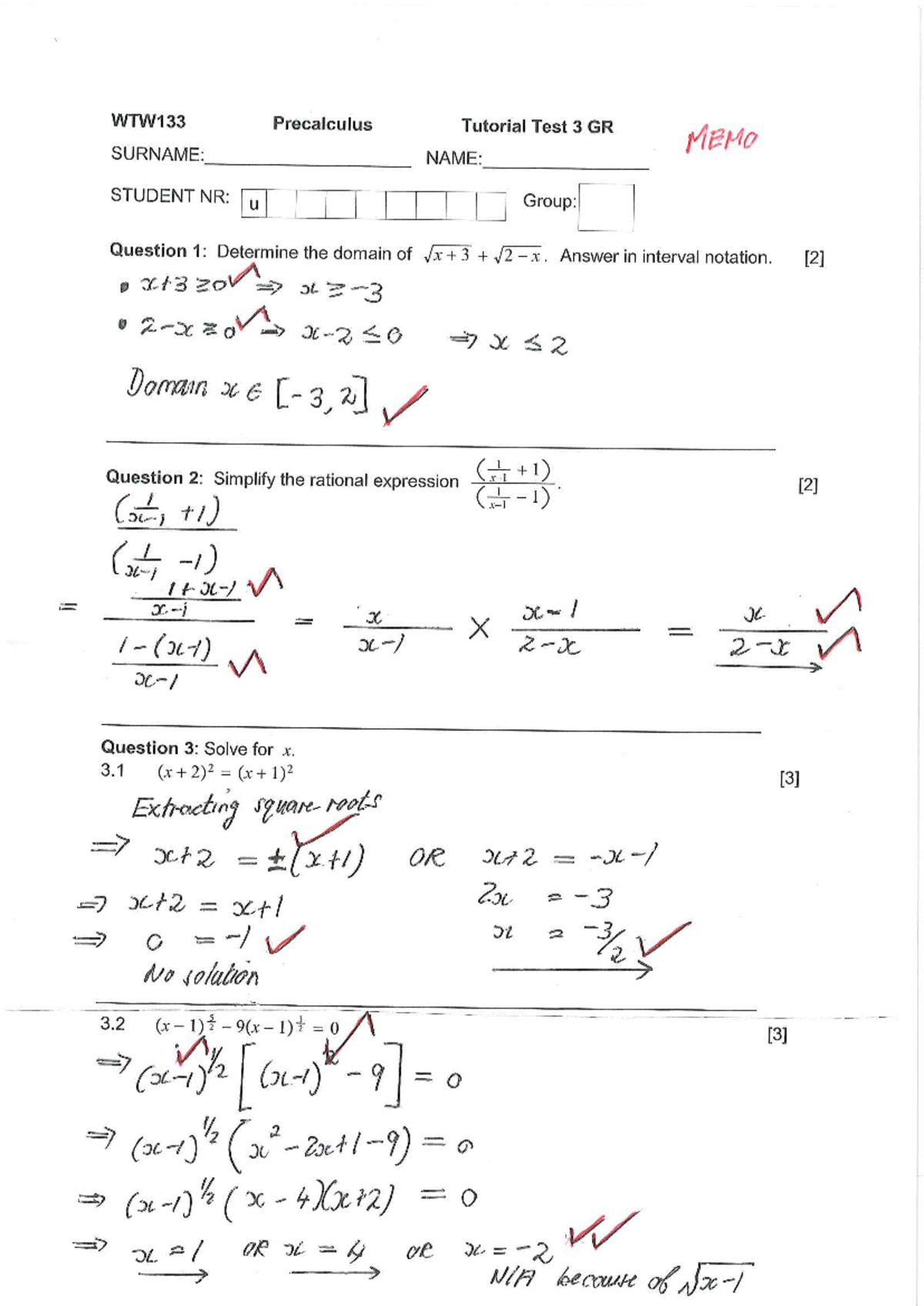 TT3 All Memos - TUTORIAL TEST - WTW 133 - Studocu