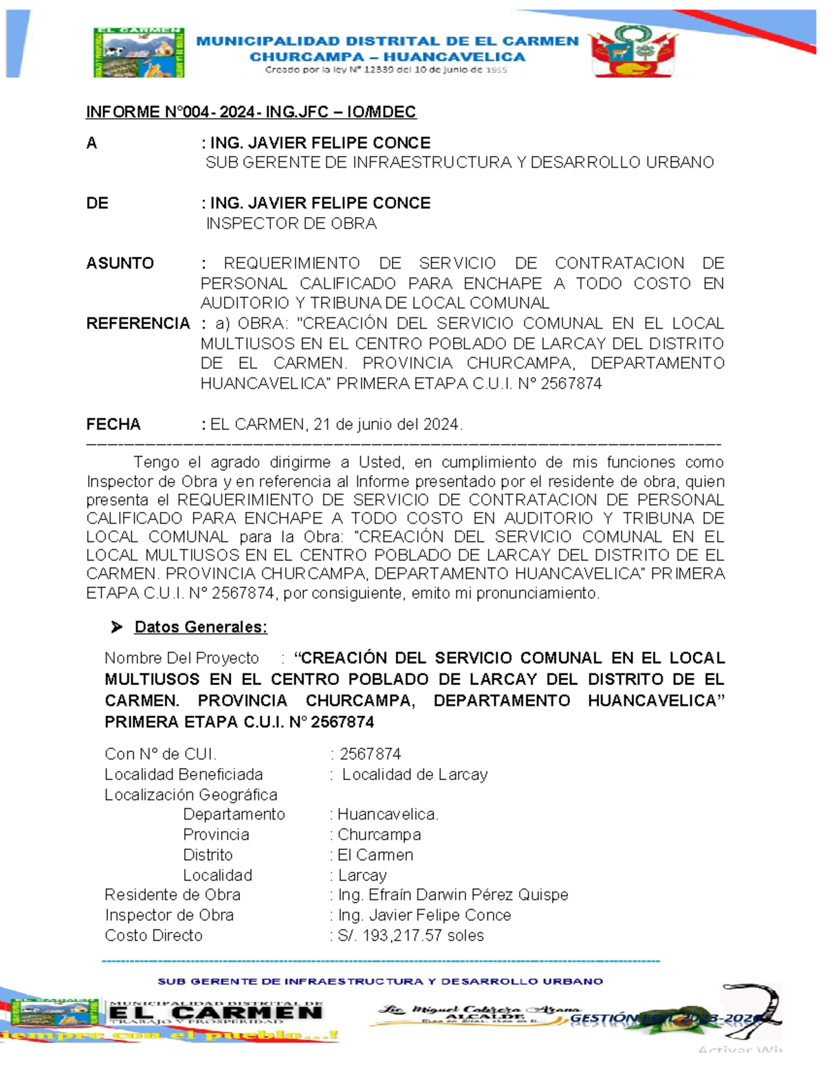 Informe N°004- Inspector- REQ DE MANO DE OBRA Inspector - INFORME N°004 ...