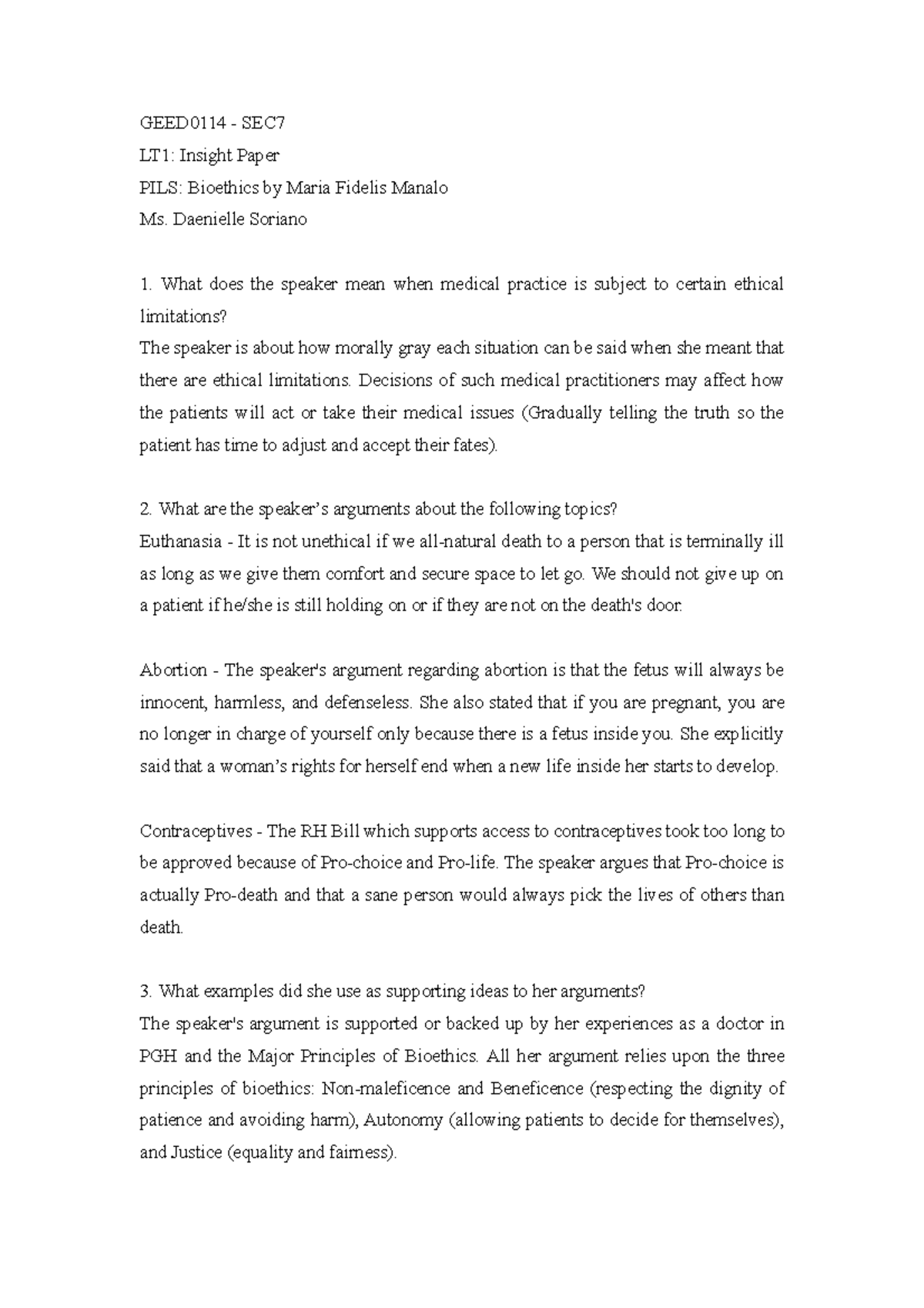 N4 Bioethics - GEED0114 - SEC LT1: Insight Paper PILS: Bioethics by ...