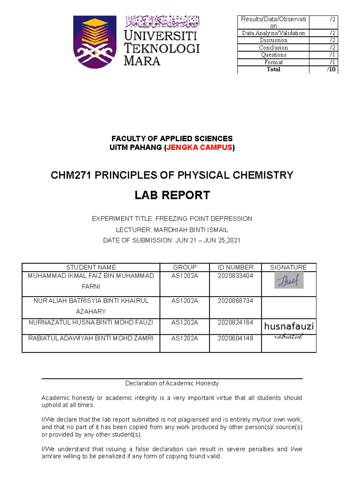 CHM271 Front Cover LAB Report-converted - FACULTY OF APPLIED SCIENCES ...