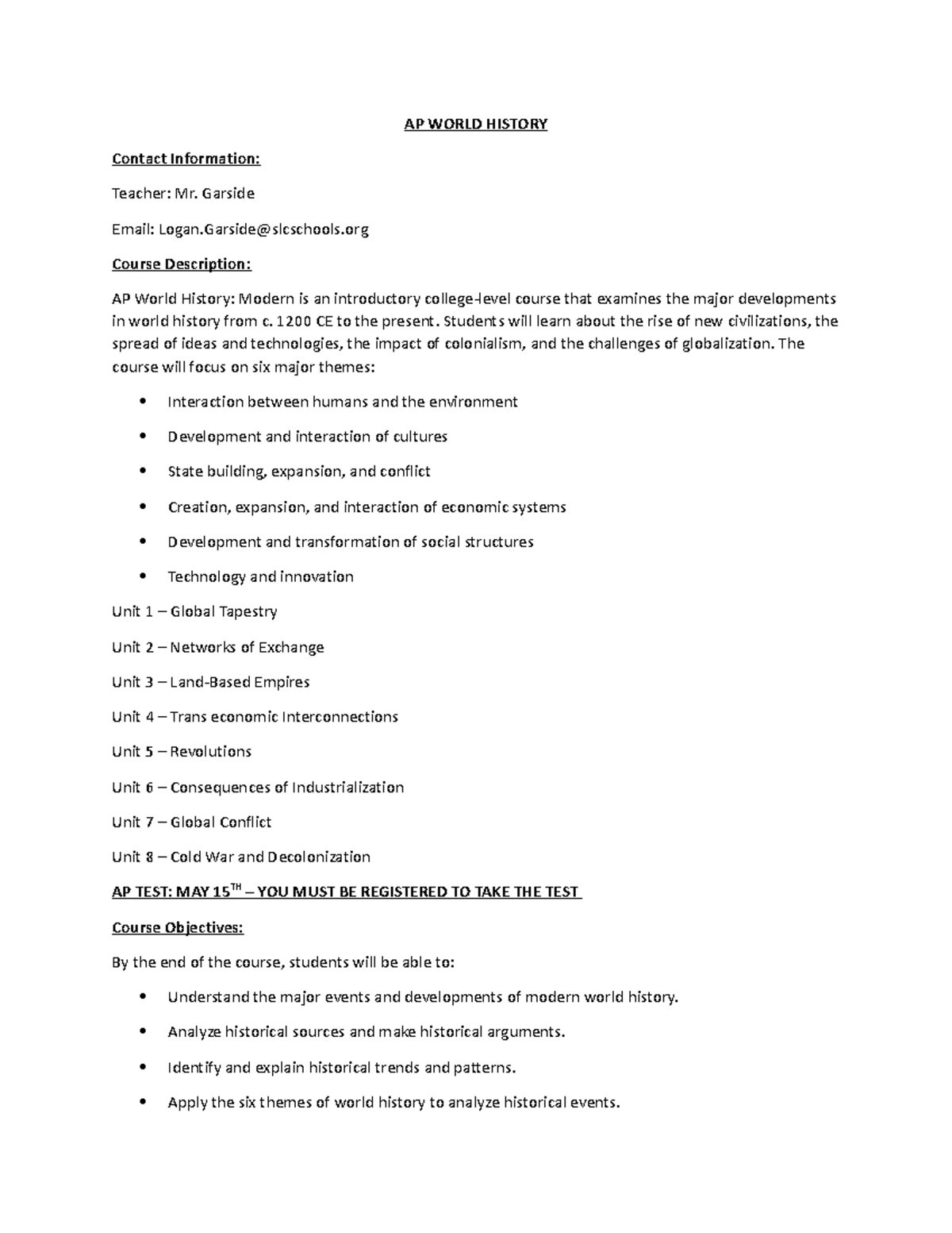 AP World Syllabus - AP WORLD HISTORY Contact Information: Teacher: Mr ...