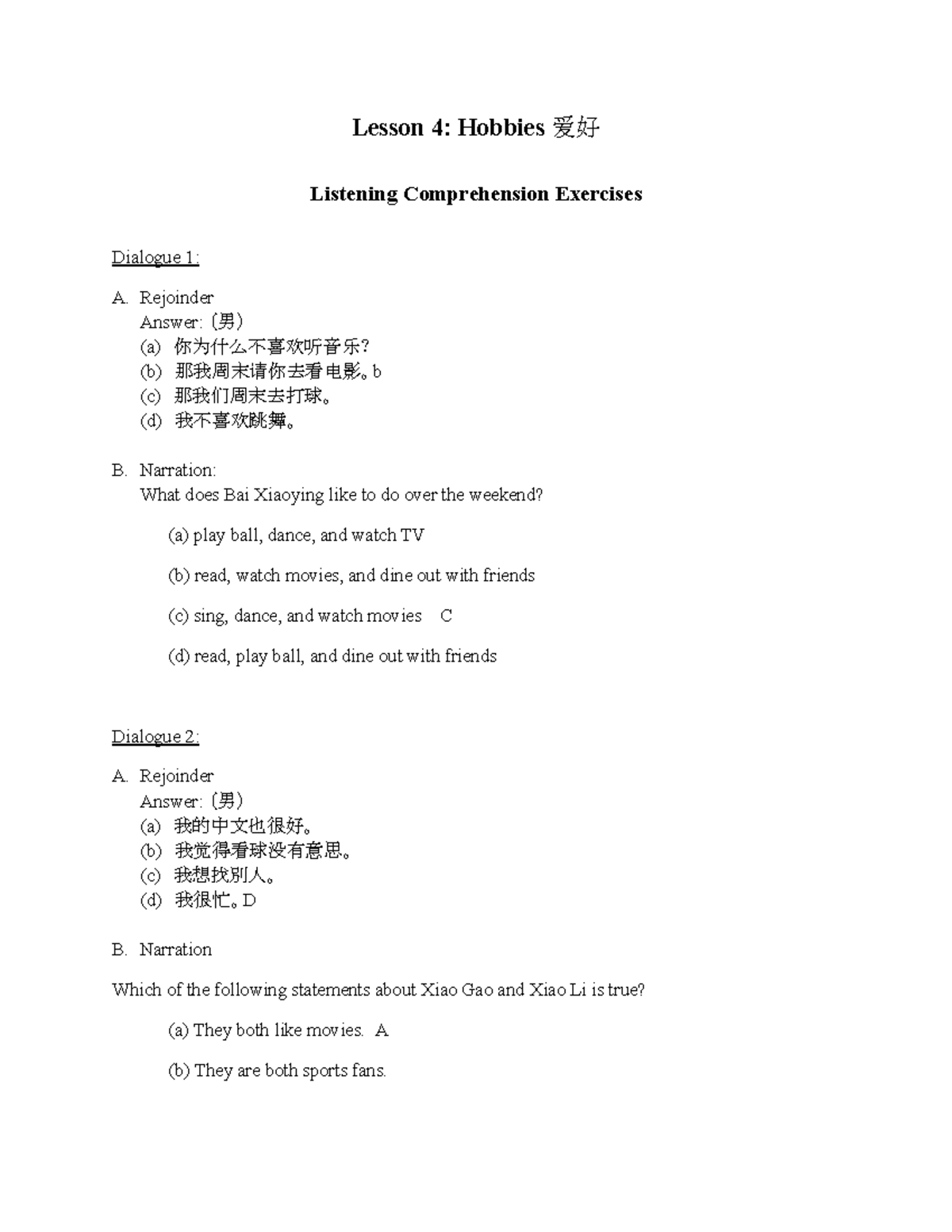 L4+Practice - This practice materials for lesson 4 - Lesson 4: Hobbies 爱好 Listening ...