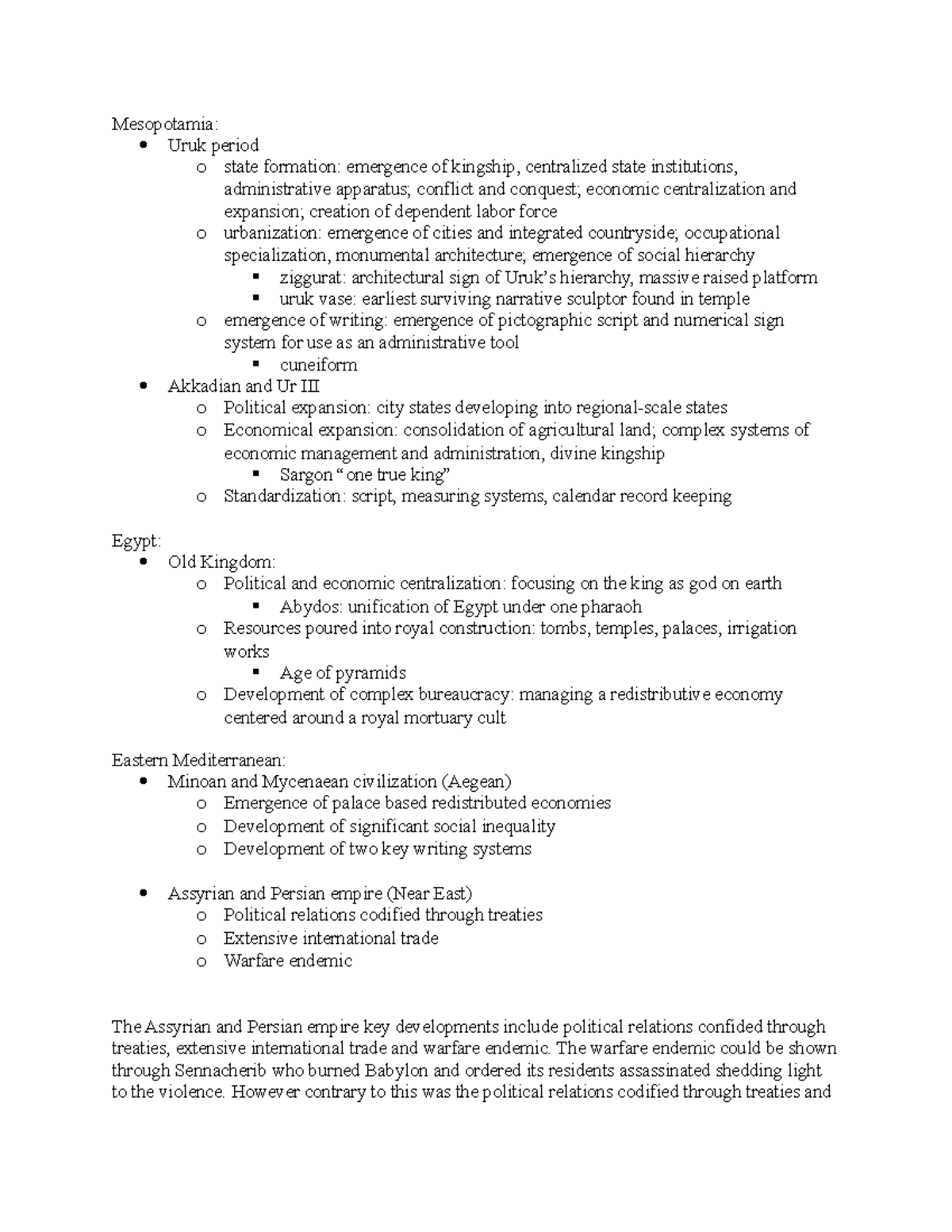 HIS practice exam - Mesopotamia: Uruk period o state formation ...
