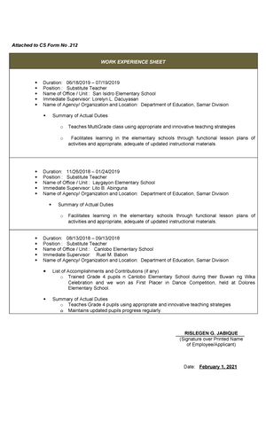Work Experience Sheet 1 2 - Attachment to CS Form 212 WORK EXPERIENCE ...