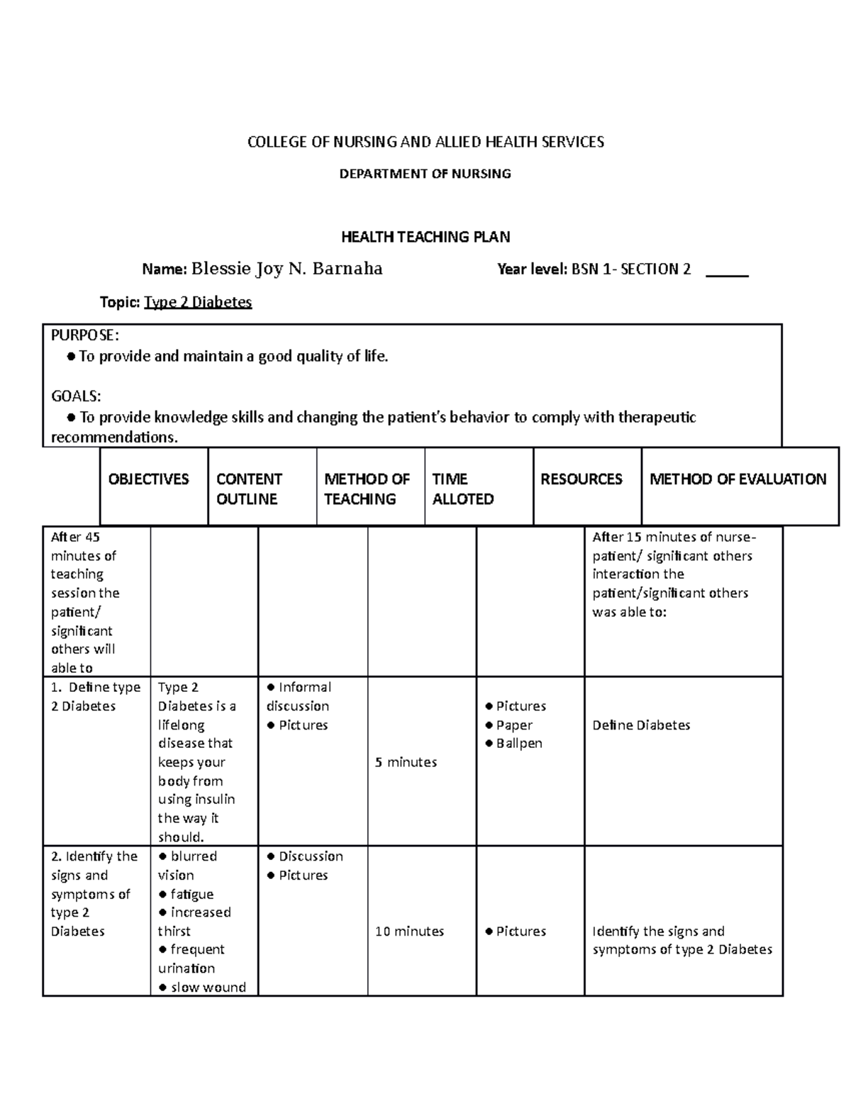 Teaching Plan Blessie JOY N. Barnaha - COLLEGE OF NURSING AND ALLIED ...