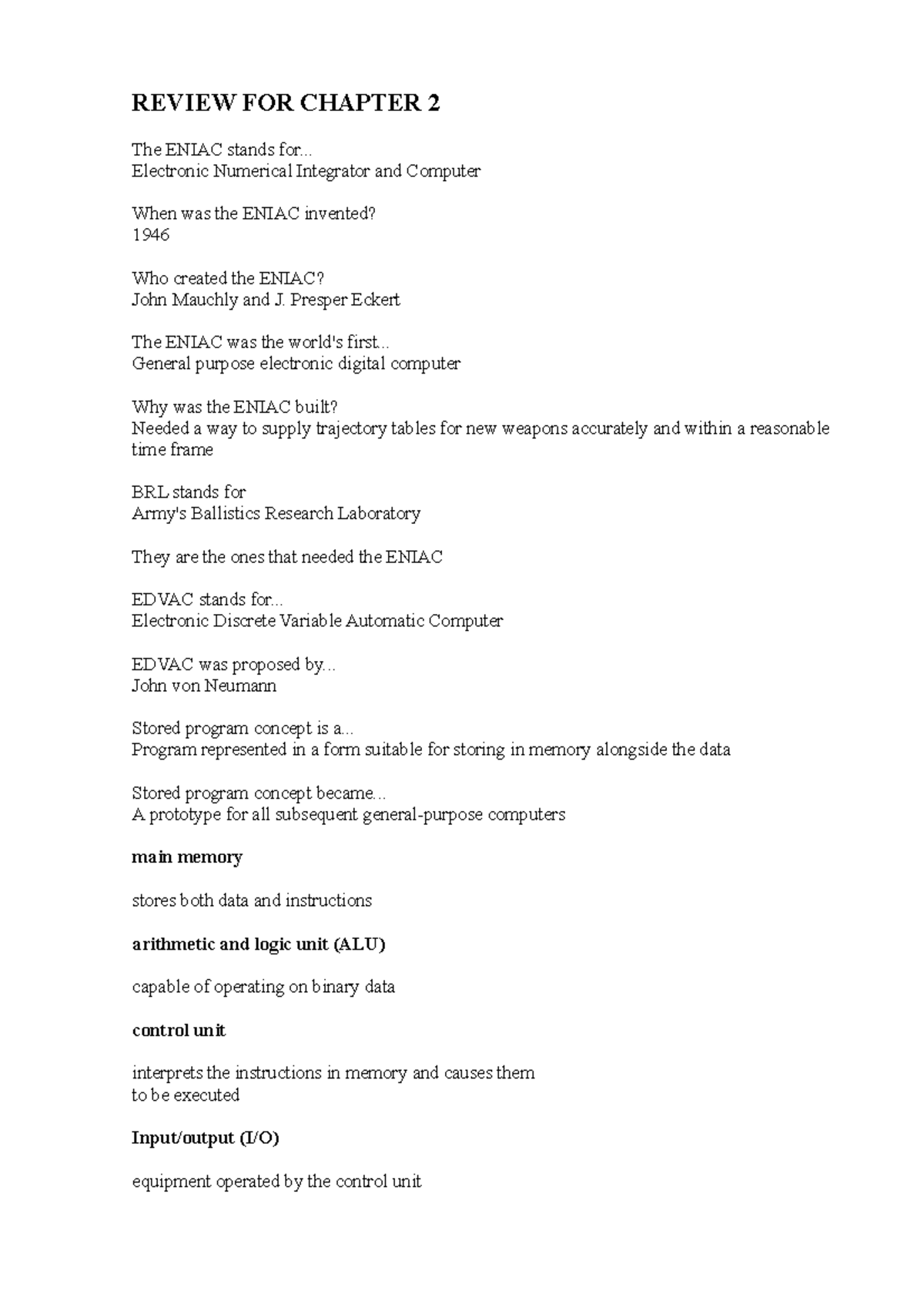 Review cea ch2 - ádsadsa - REVIEW FOR CHAPTER 2 The ENIAC stands for ...