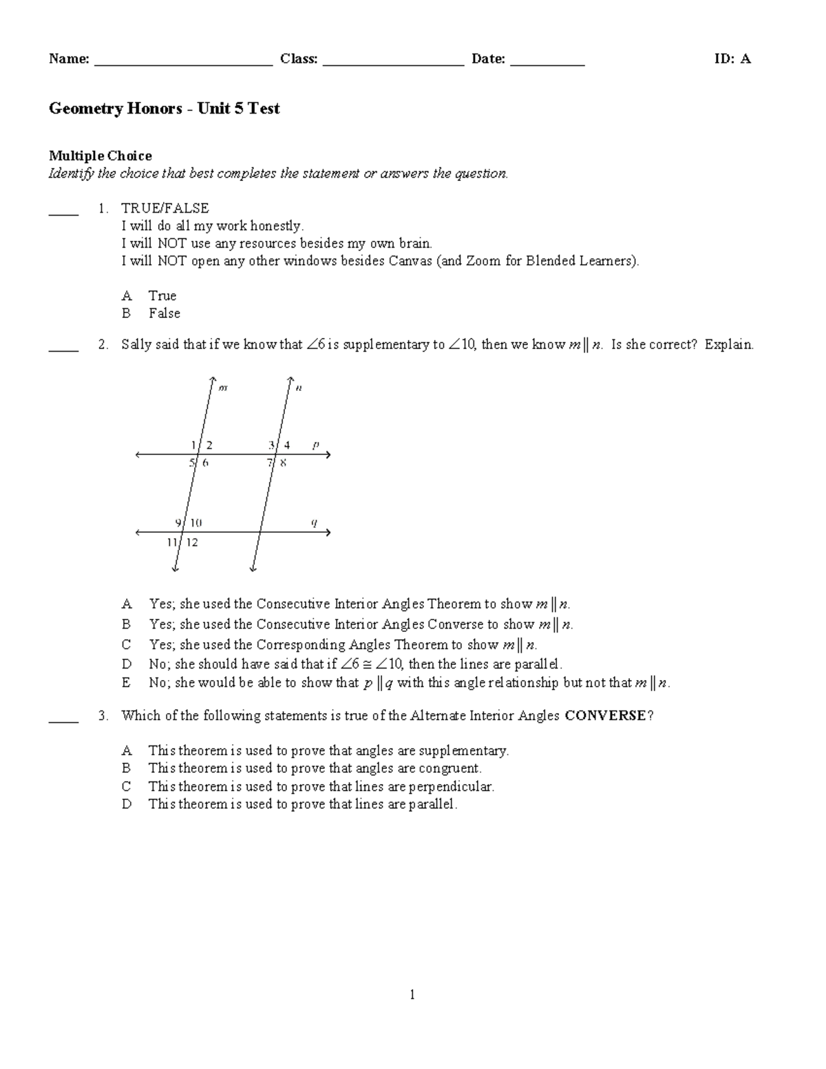 Test Unit5 Geometry Honors 2020-1 - Name ...