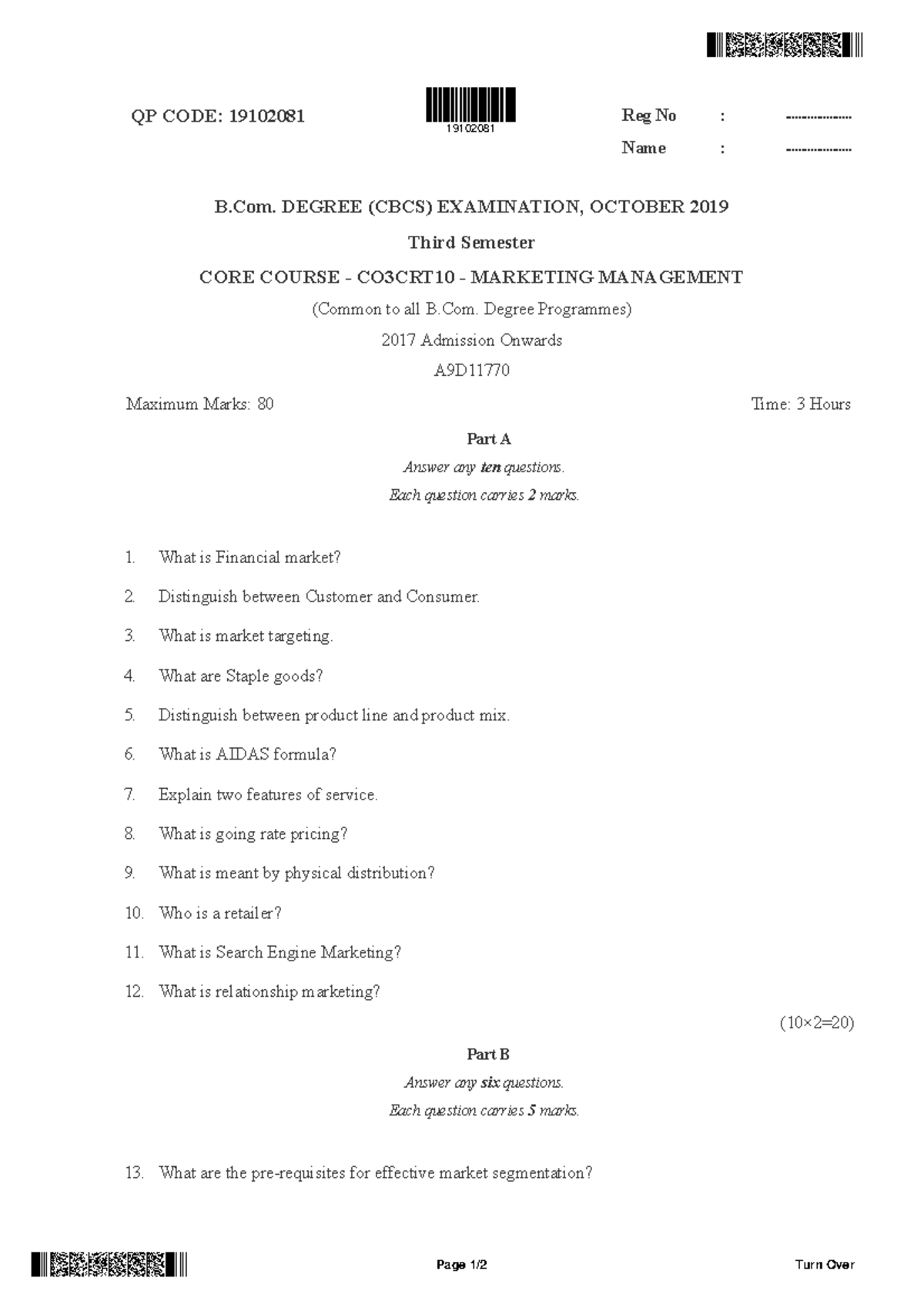Marketing Management Oct 2019 - QP CODE: 19102081 Reg No ...
