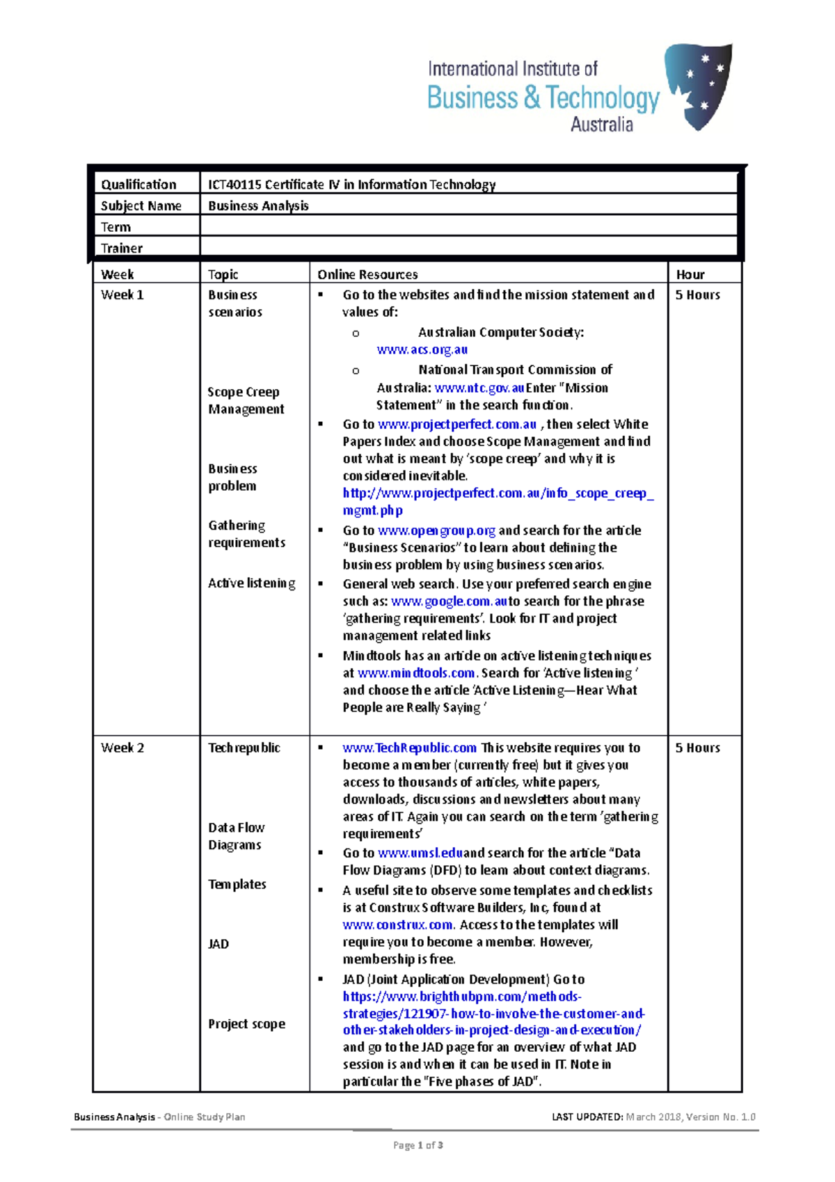 Online study plan - Business Analysis IIBT - Qualification ICT40115 ...