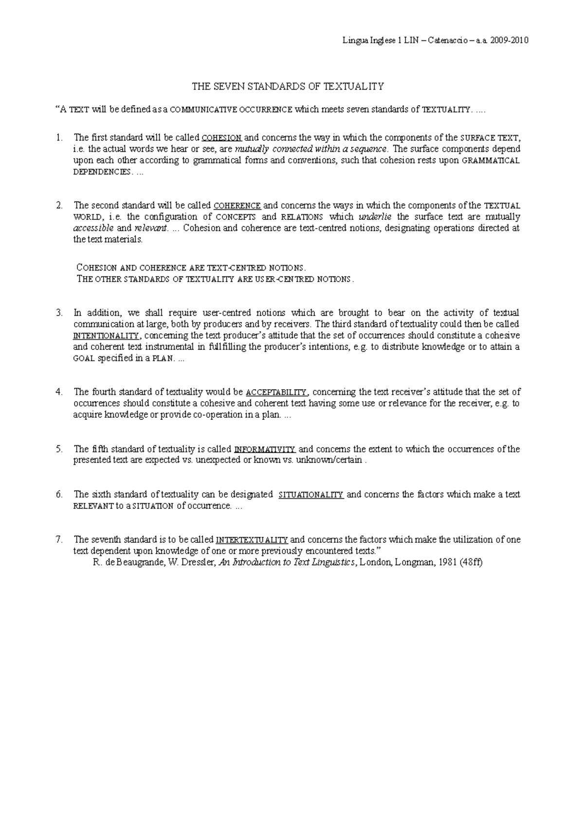 Standards OF Textuality - THE SEVEN STANDARDS OF TEXTUALITY “A TEXT ...