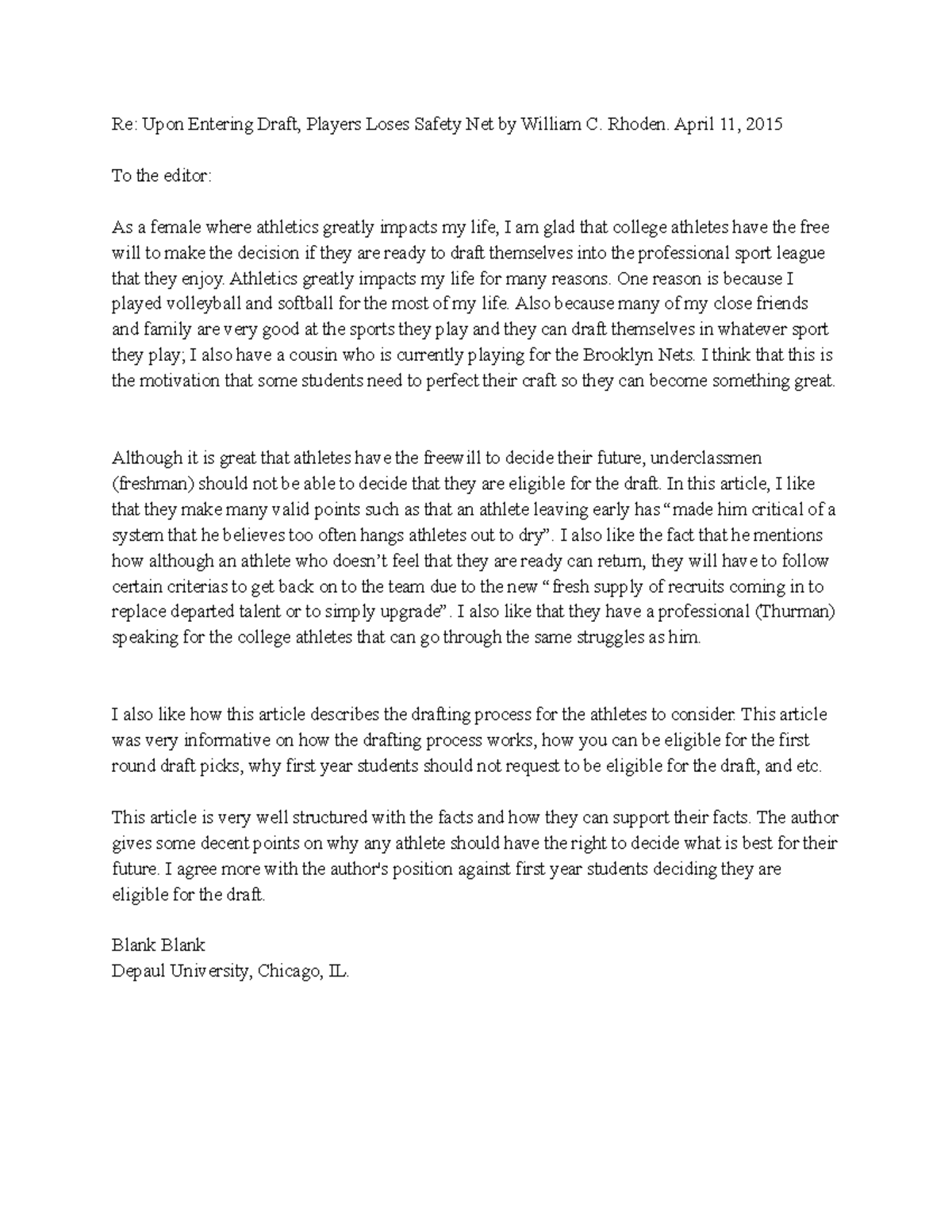 Letter to the editor - Re: Upon Entering Draft, Players Loses Safety ...