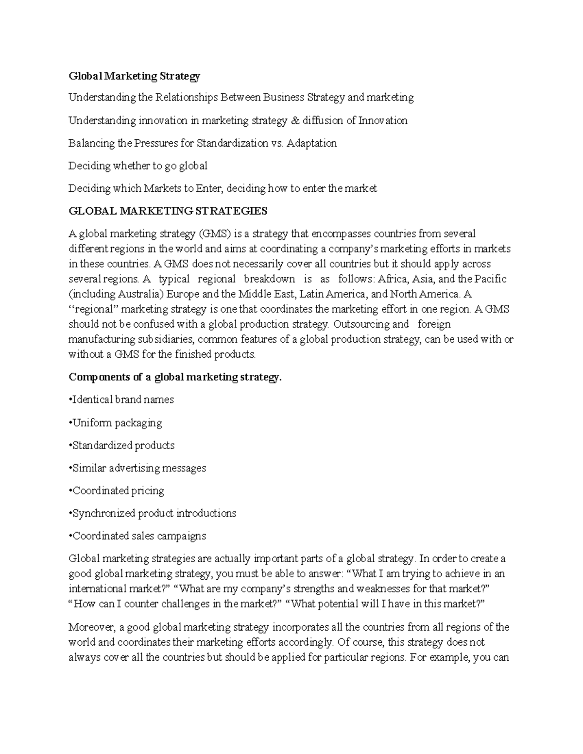 Global Marketing Strategy unit 4 - Global Marketing Strategy ...