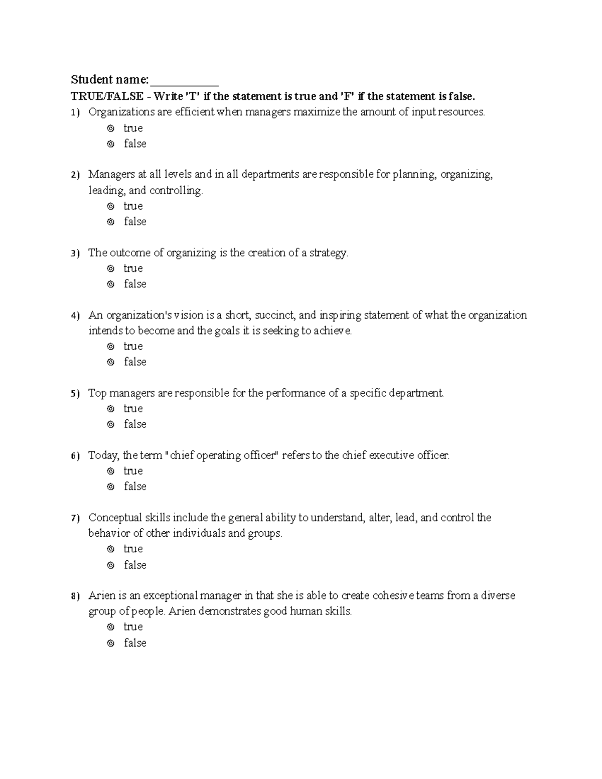 Chapter-1 - Trắc nghiệm và tự luận - Student name:__________ TRUE/FALSE - Write 'T' if the ...