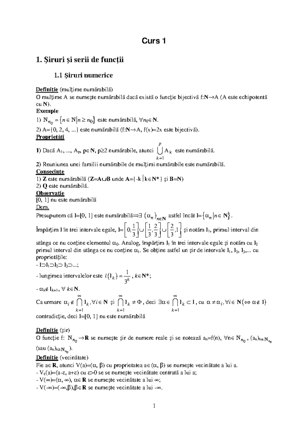 Cursuri analiza 1-8 - Curs 1 1. iruri i serii de func ii 1 iruri numerice Defini ie - Studocu