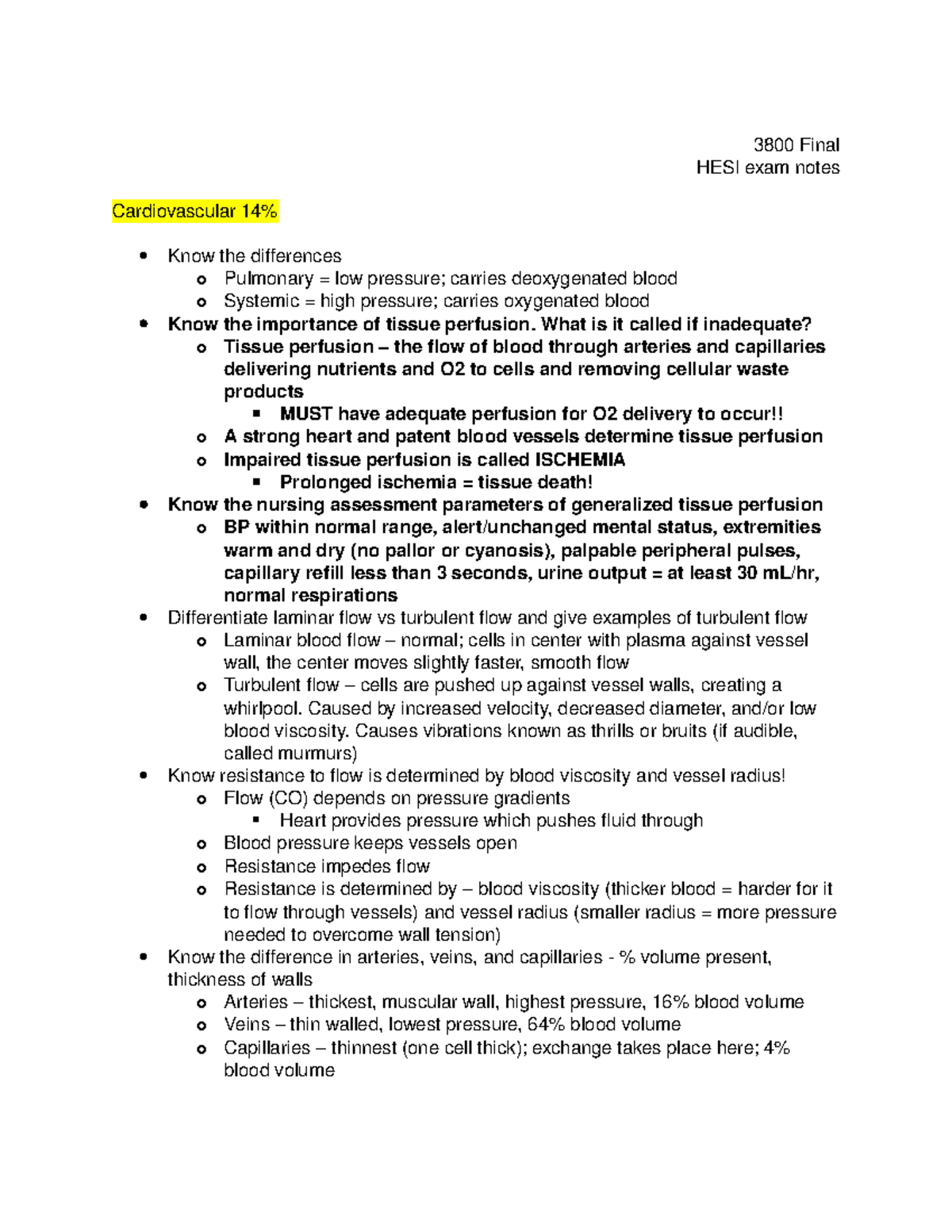 3800 HESI final notes - 3800 Final HESI exam notes Cardiovascular 14% ...