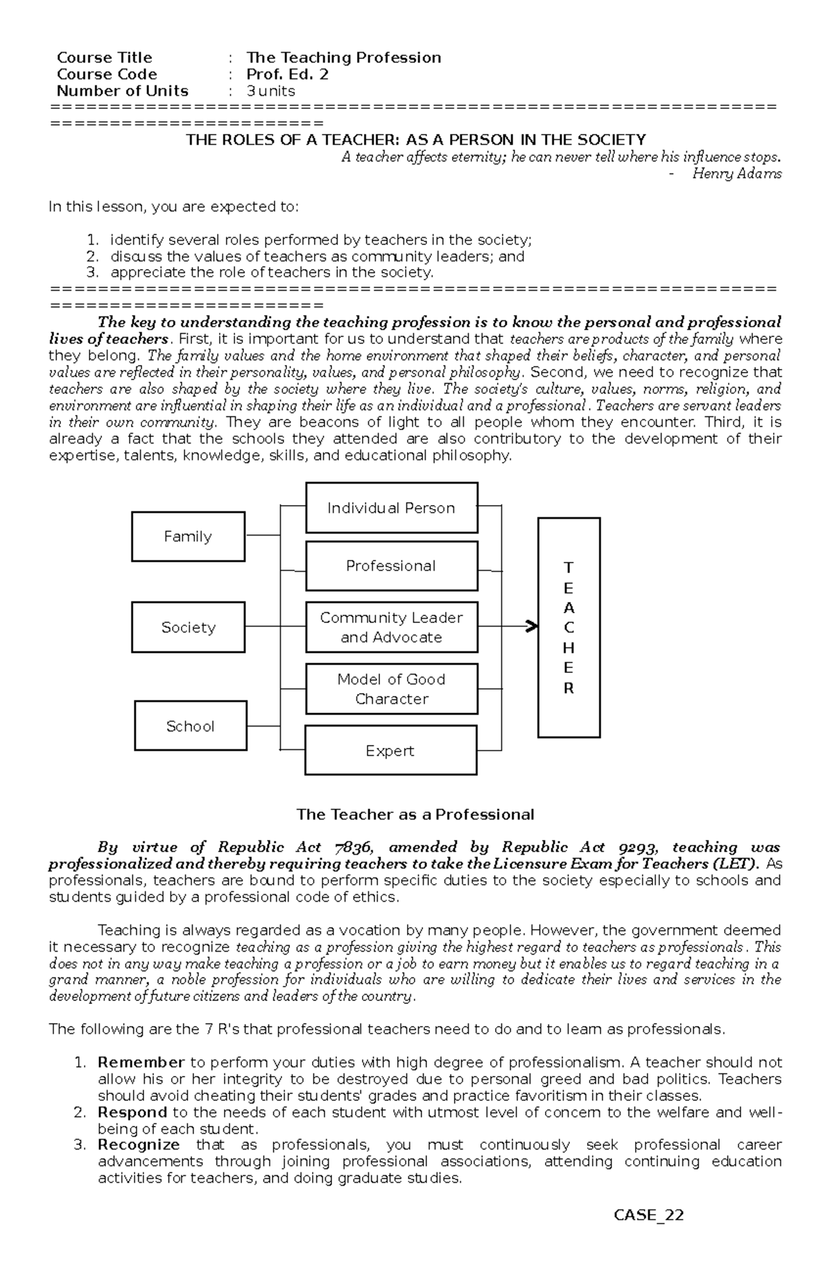 The Teacher as a Professional - Course Title : The Teaching Profession ...