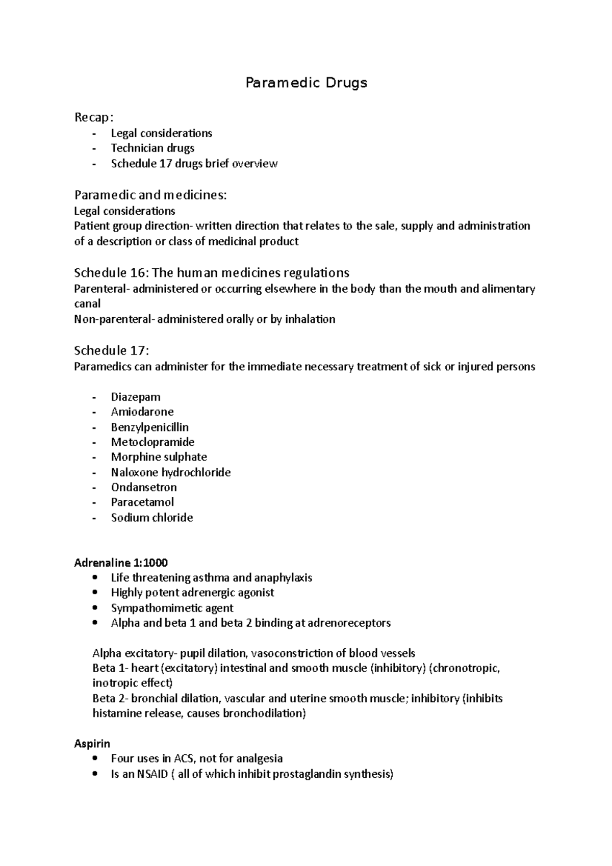 Paramedic drugs - pharmacology content for year two- useful notes and ...