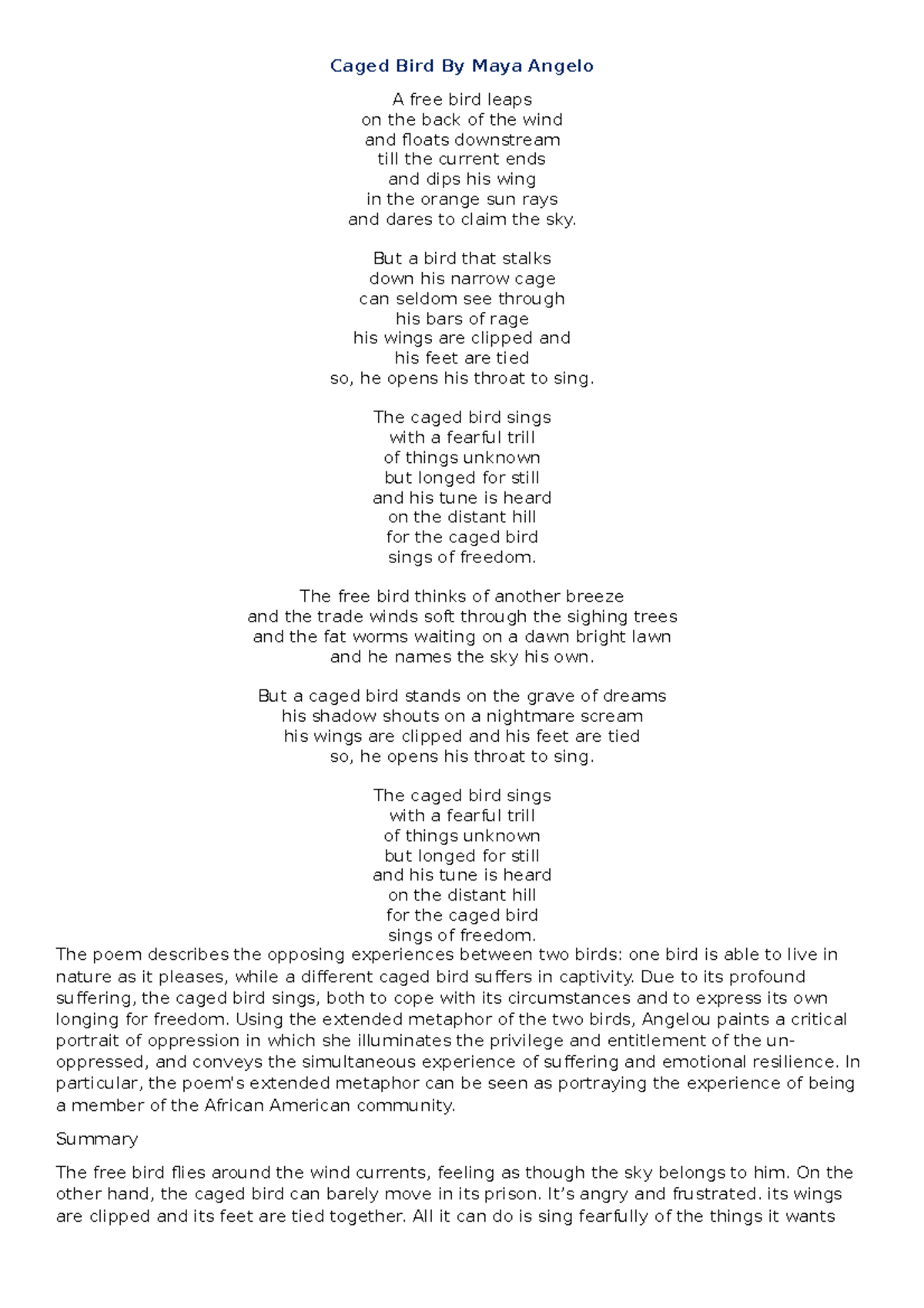 Lit All - Caged Bird By Maya Angelo A free bird leaps on the back of ...