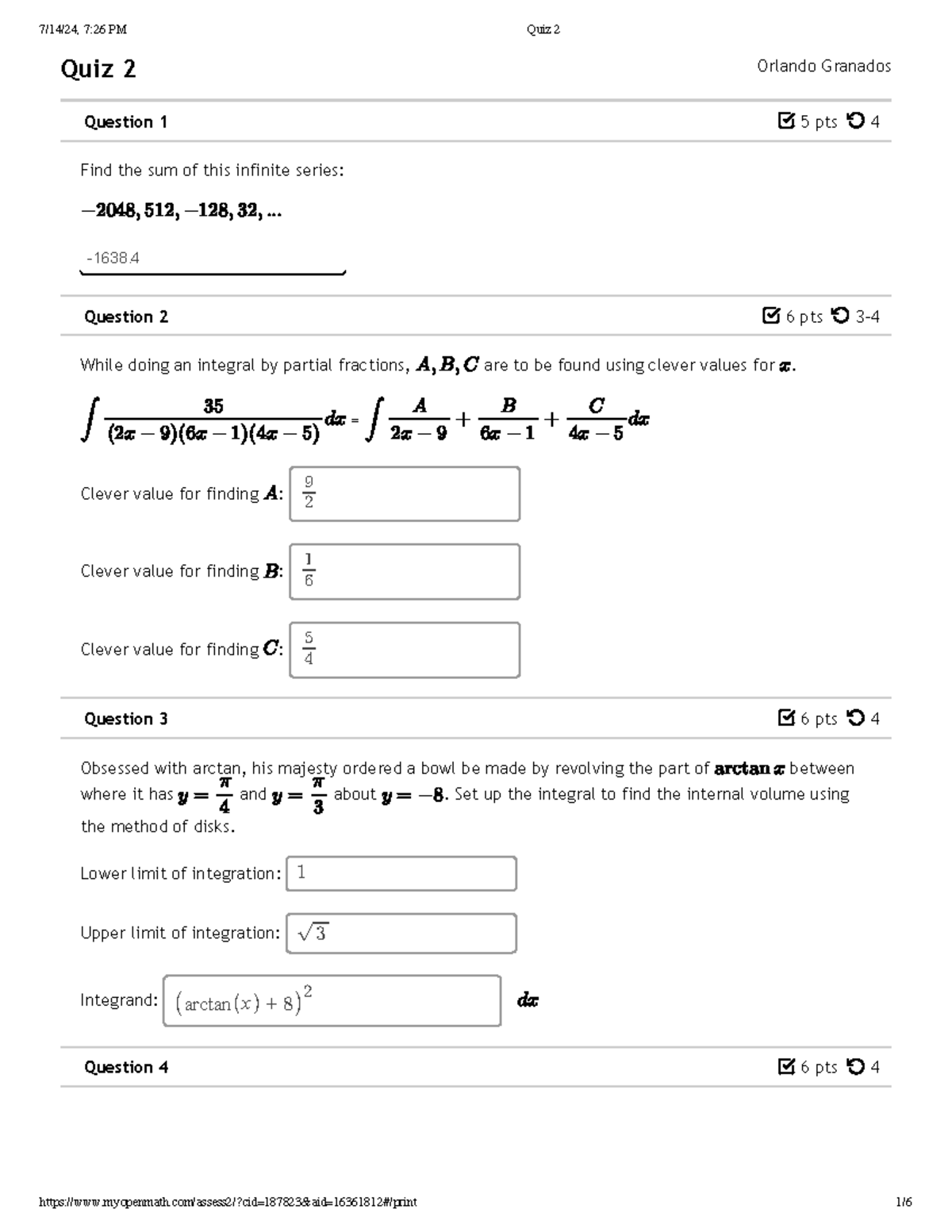 Quiz 2 Math 20b - Quiz 2 Orlando Granados Question 1 5 pts 4 Question 2 ...