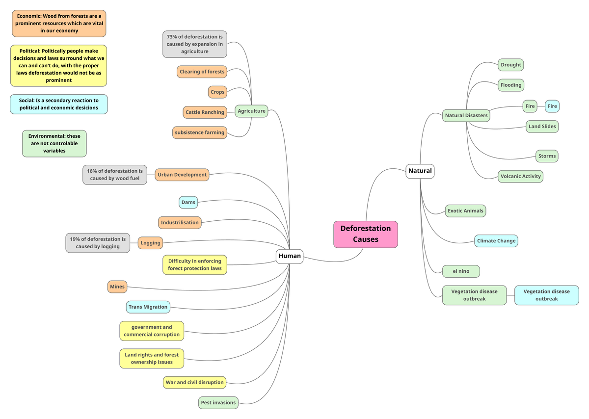 Geography Mind Map - Deforestation Causes Natural Human Natural Disasters Drought Flooding Fire ...