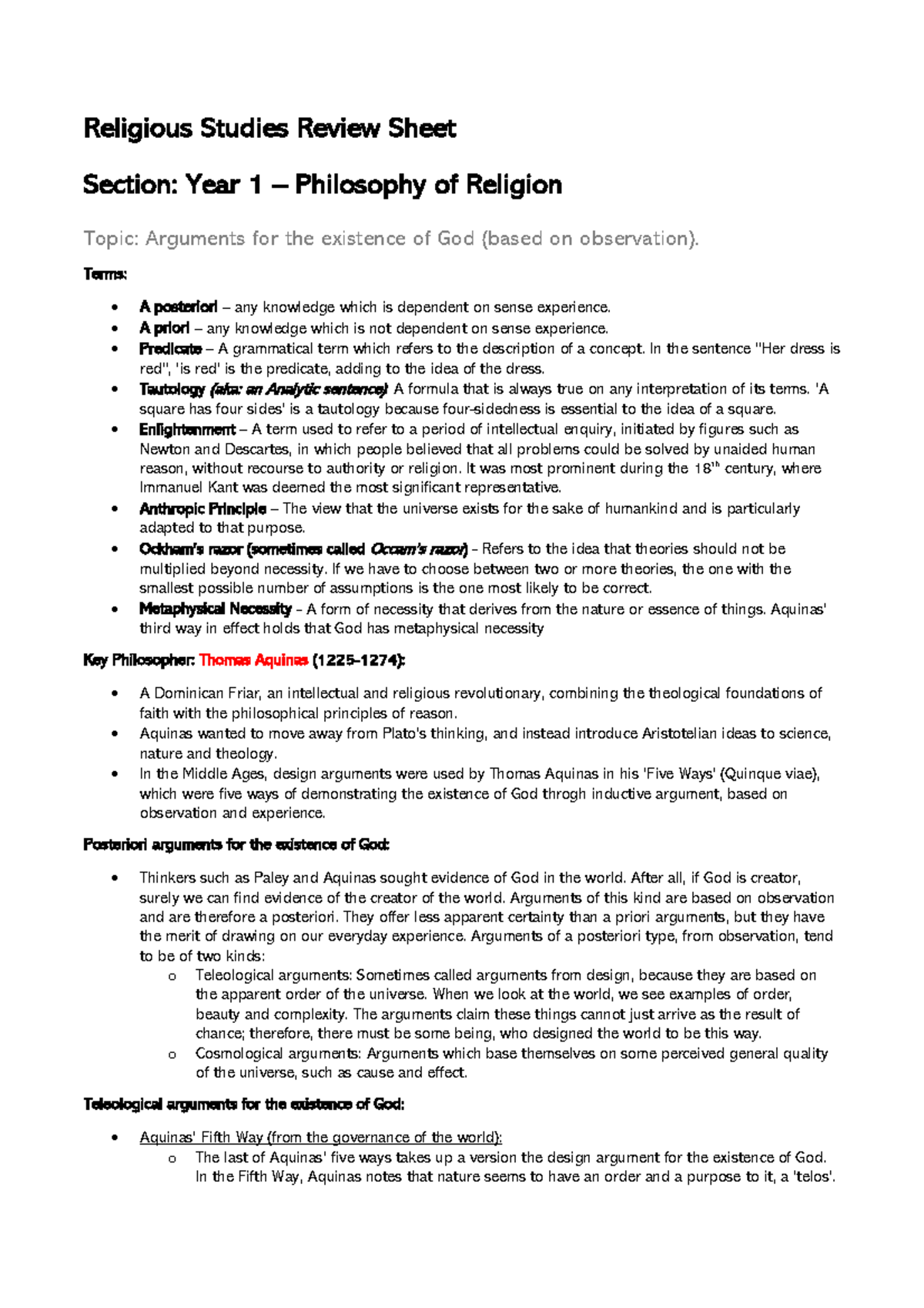 Y1 Philosophy Existence of God (from observation) - Religious Studies ...