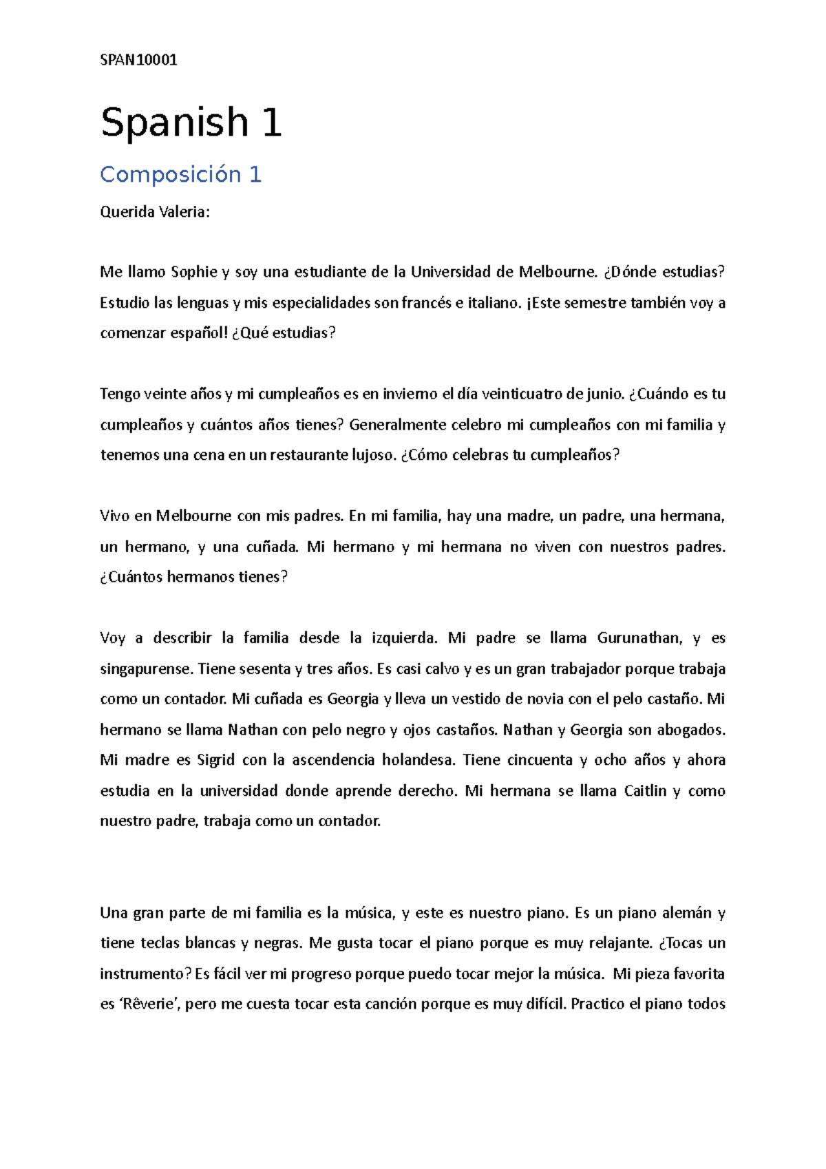Composición 1 - letter - SPAN Spanish 1 Composición 1 Querida Valeria ...
