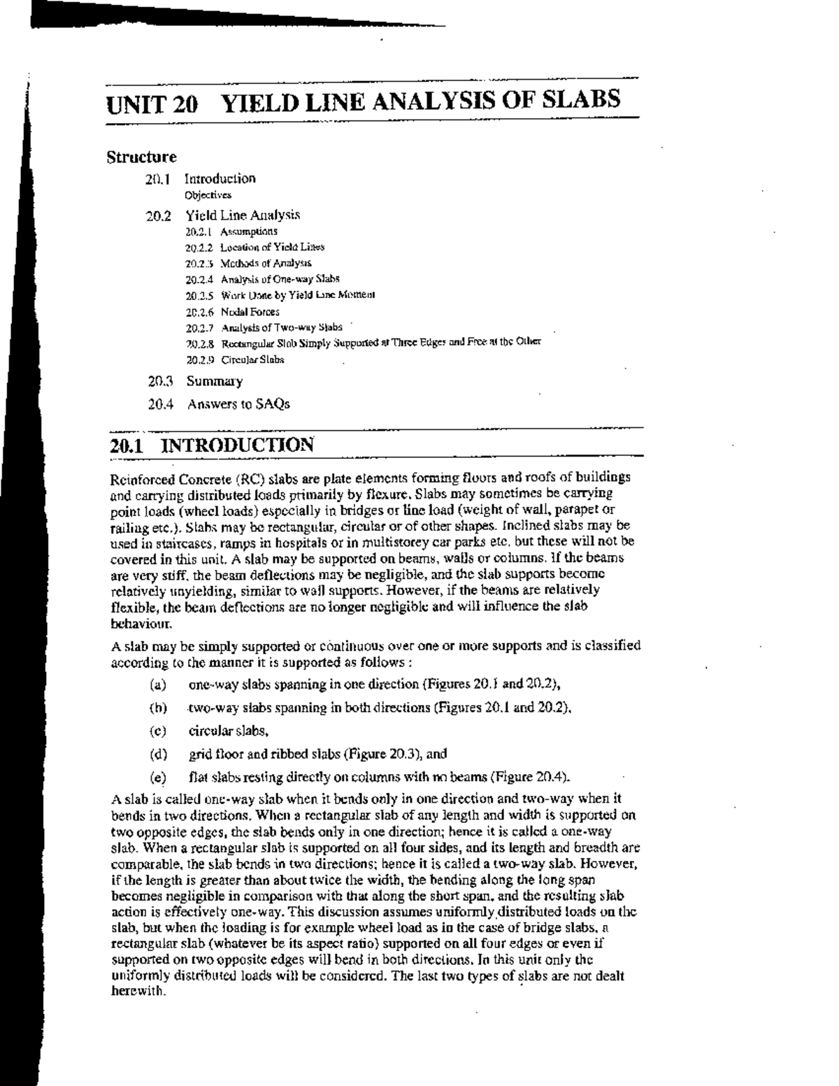 yield line analysis for slabs - UNIT 20 YIELD LINE ANALYSIS OF SLABS Structure 20 Introduction ...