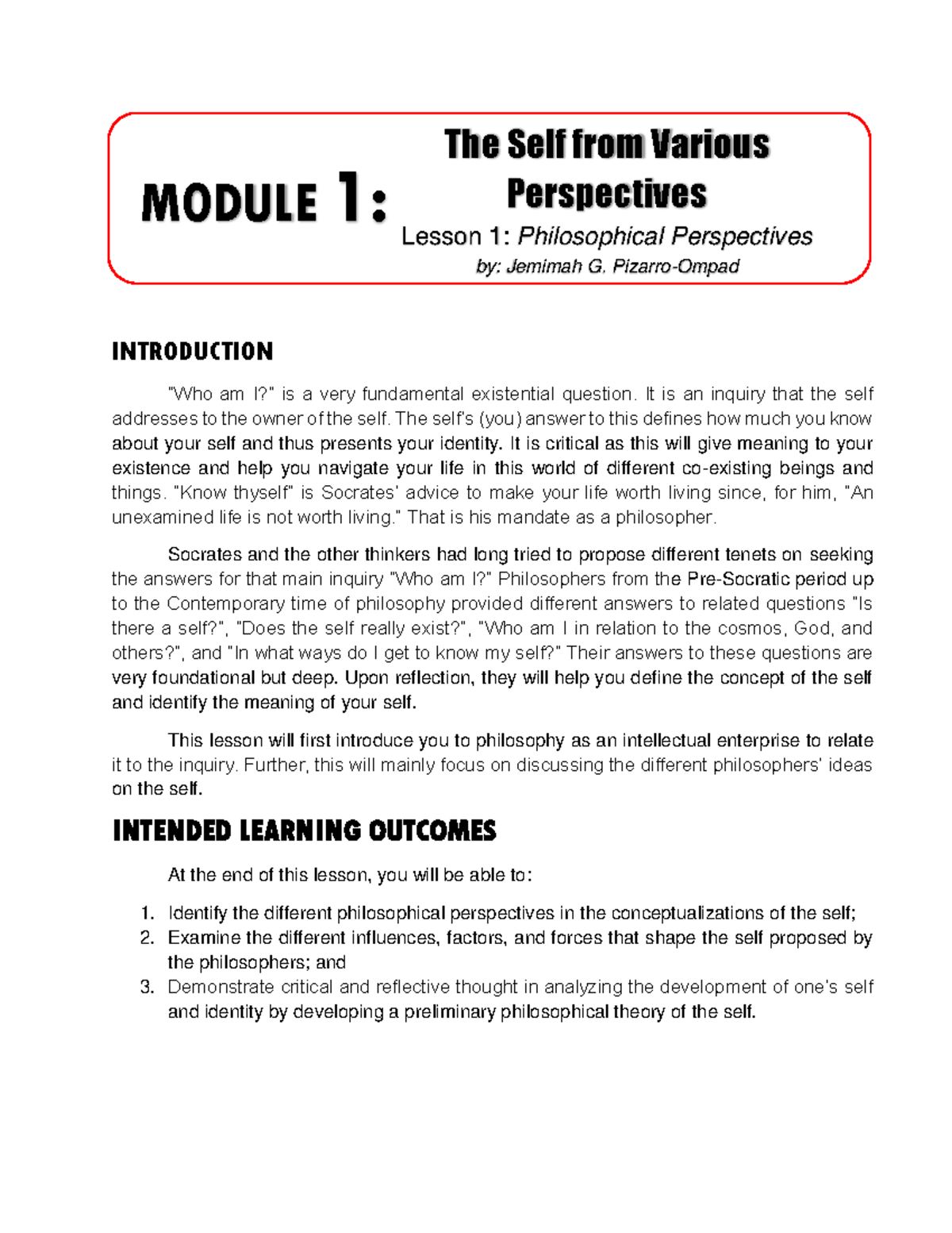 MODULE 1: The Self from Various Perspectives Lesson 1: Philosophical Perspectives by: Jemimah G ...